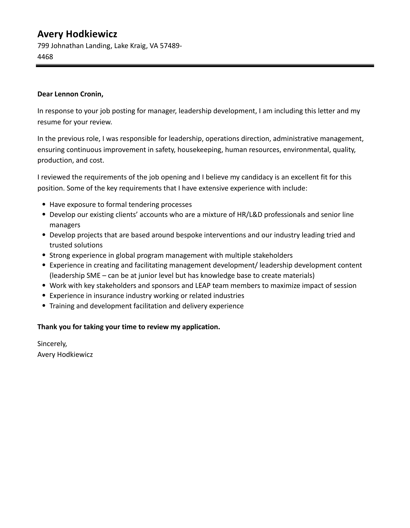 Manager Leadership Development Cover Letter Velvet Jobs