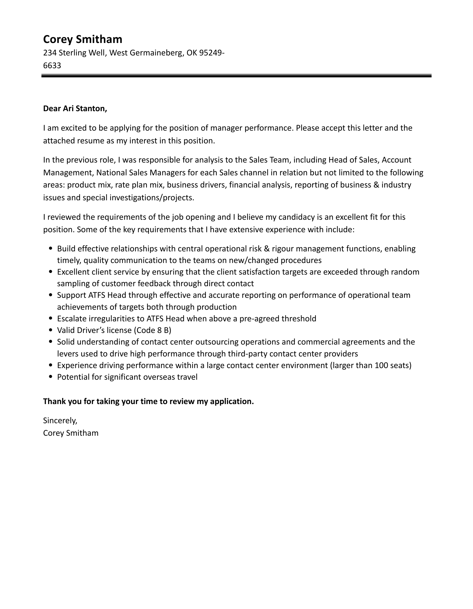 Manager Performance Cover Letter Velvet Jobs