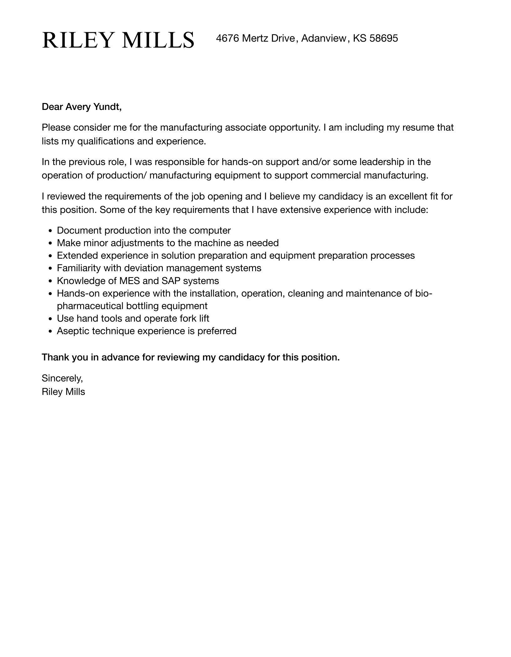 Manufacturing Associate Cover Letter Velvet Jobs
