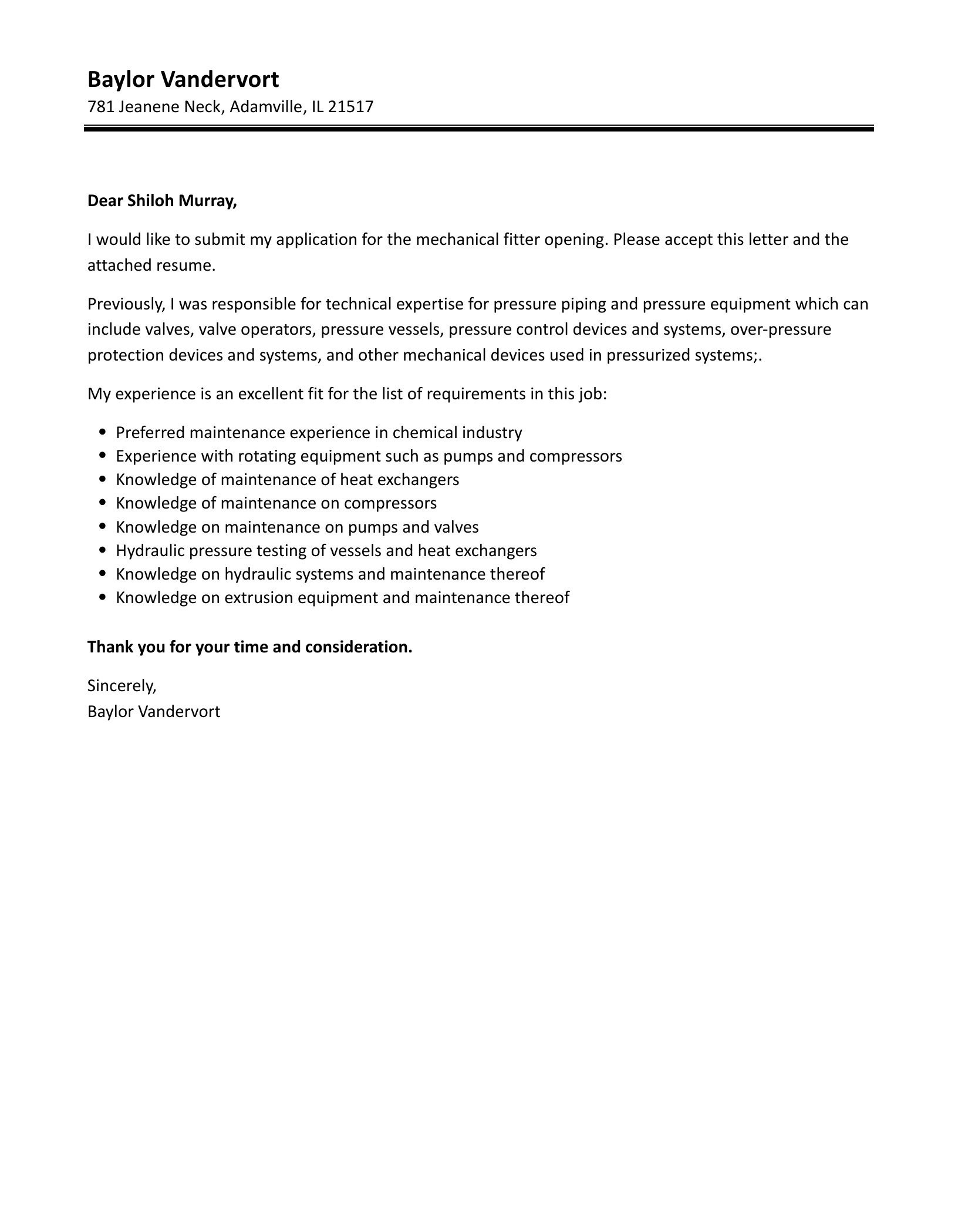Mechanical Fitter Cover Letter Velvet Jobs