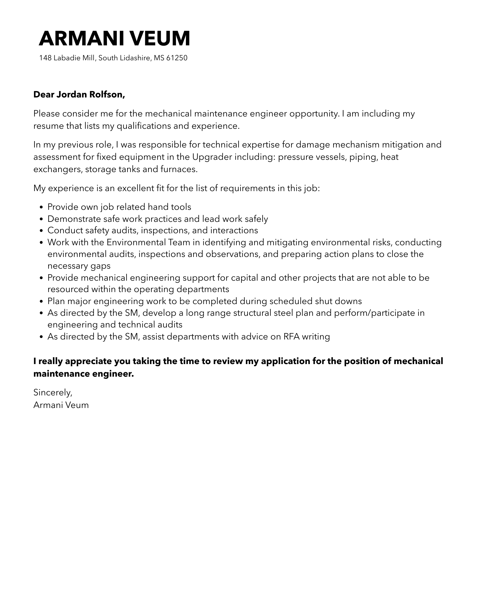 Mechanical Maintenance Engineer Cover Letter Velvet Jobs