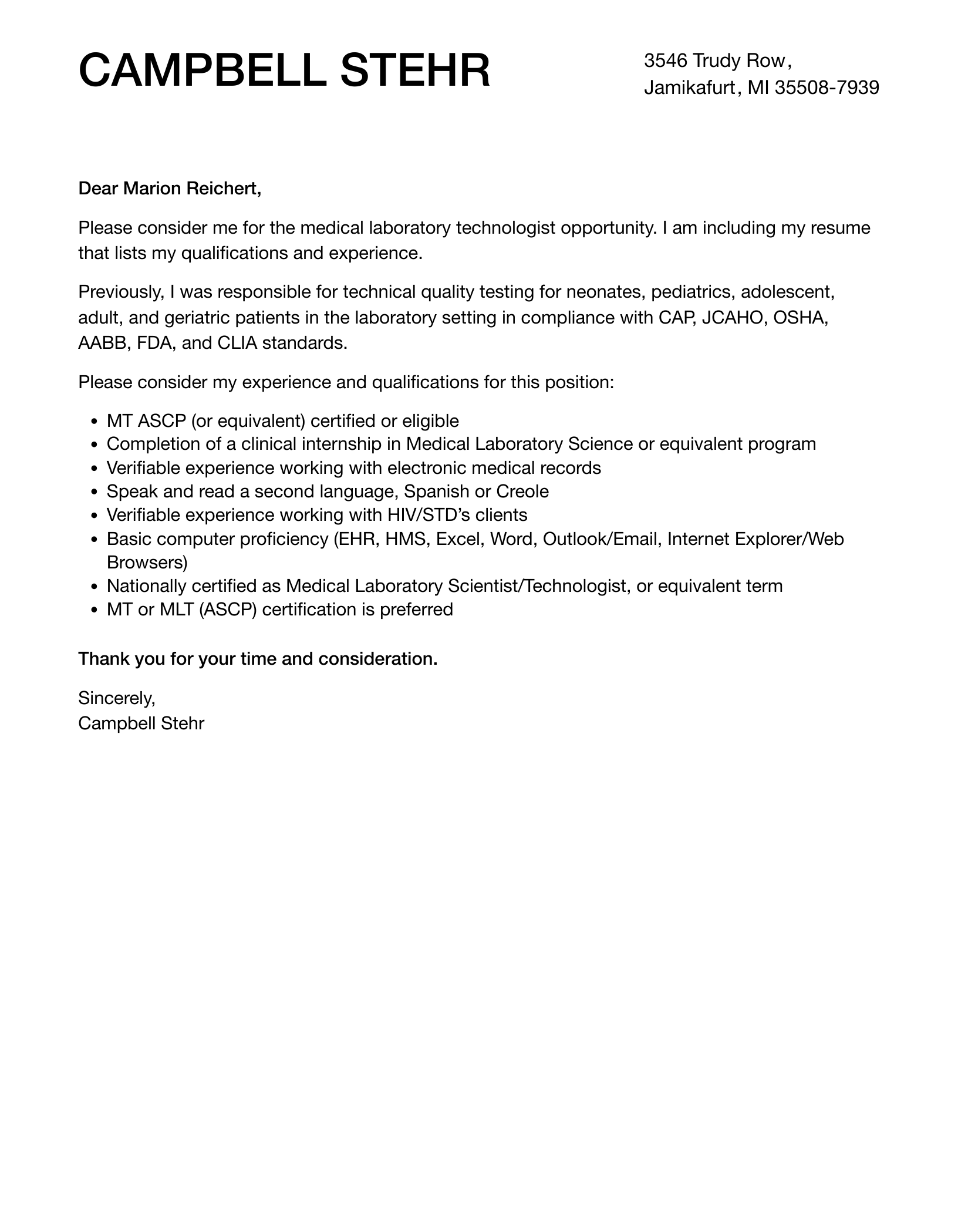 Medical Laboratory Technologist Cover Letter Velvet Jobs