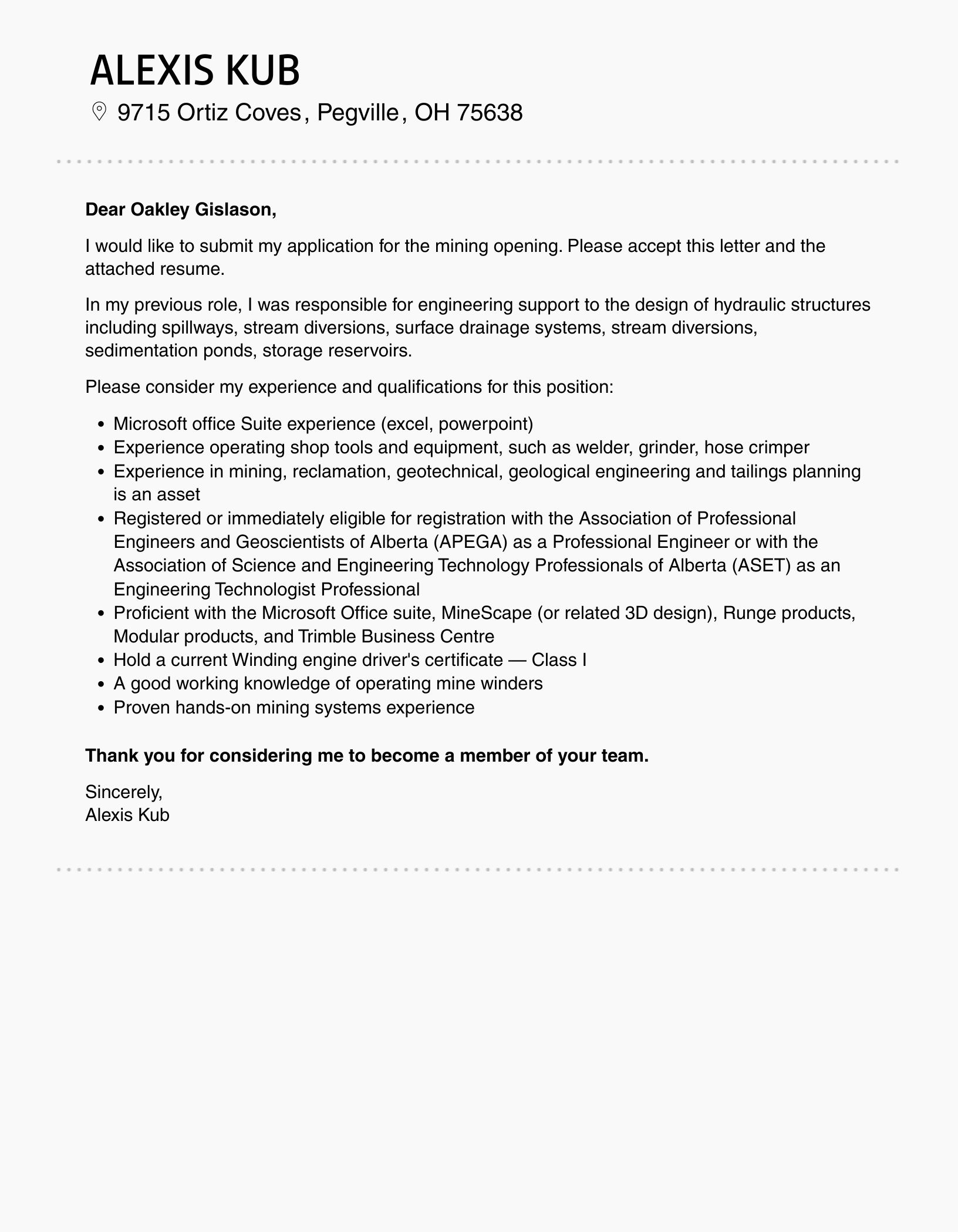Mining Cover Letter Velvet Jobs