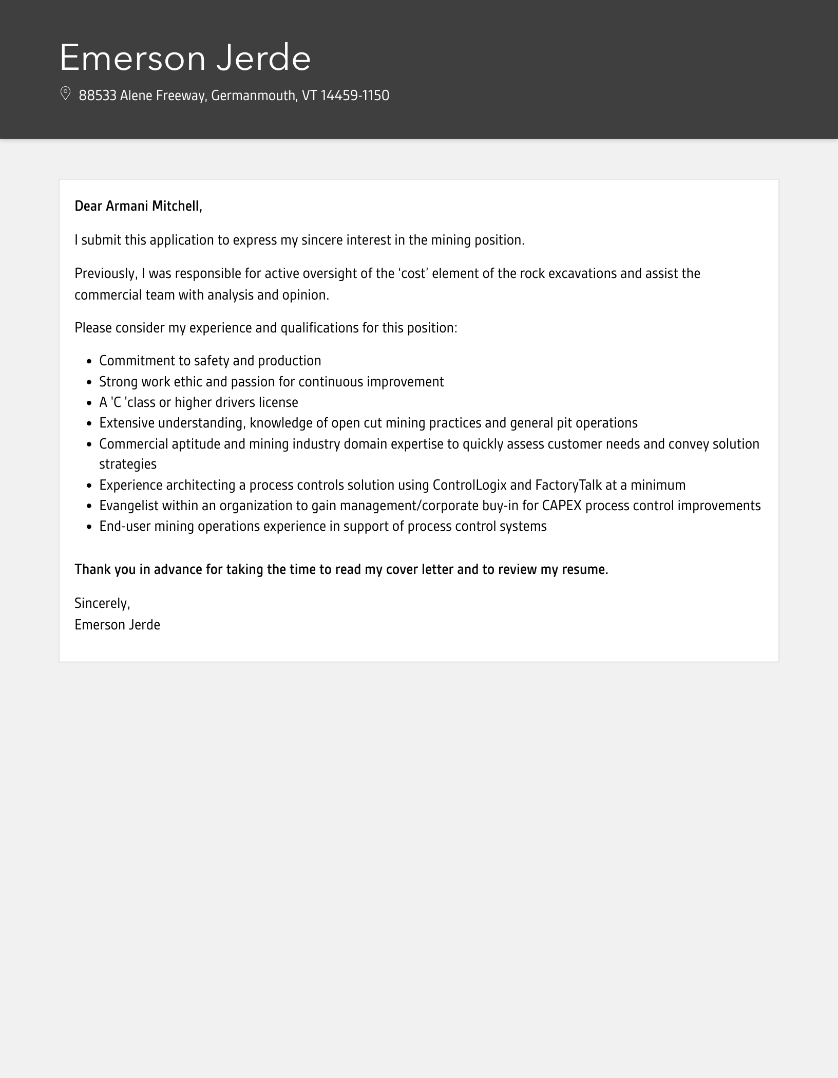 Mining Cover Letter Velvet Jobs