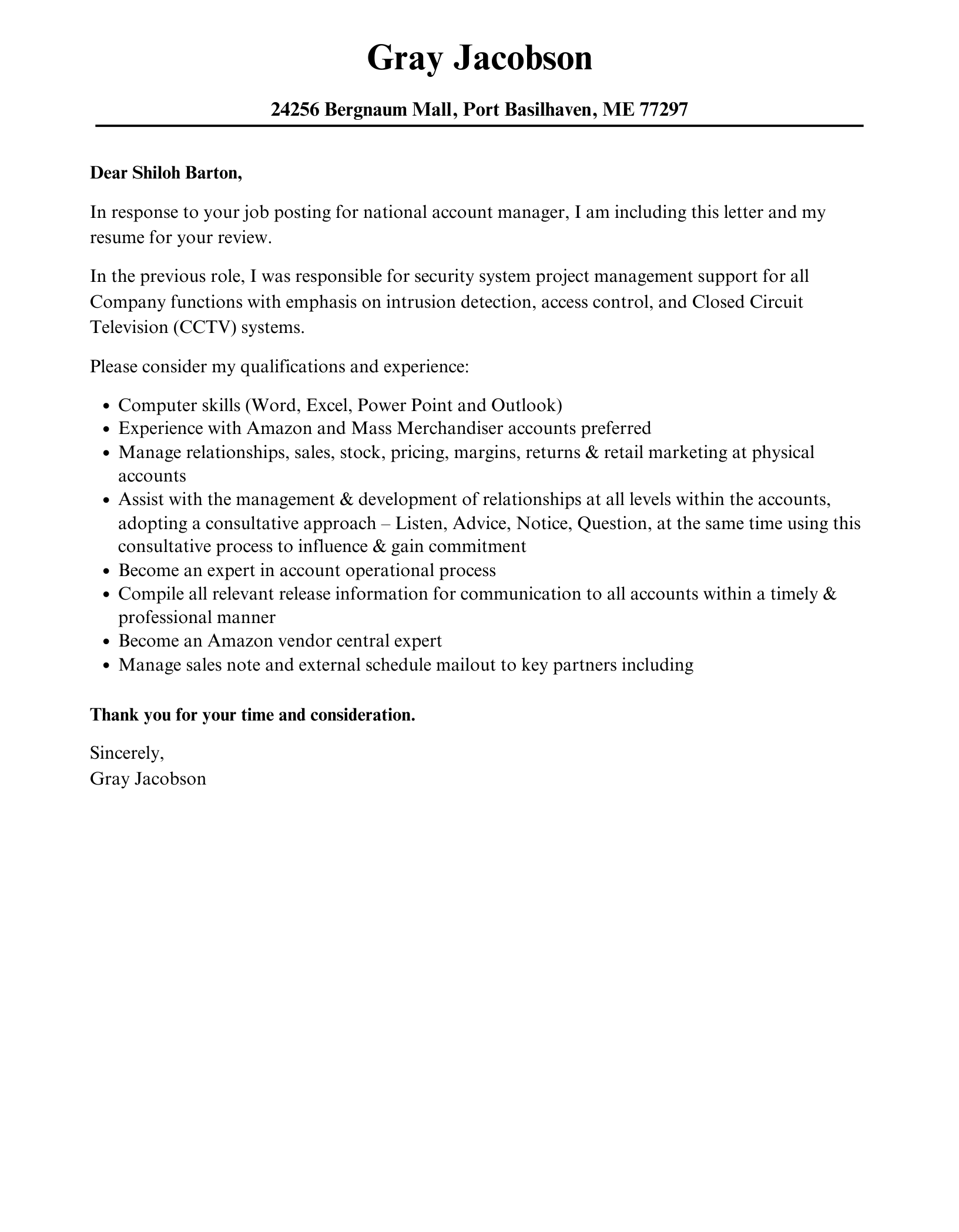 National Account Manager Cover Letter Velvet Jobs