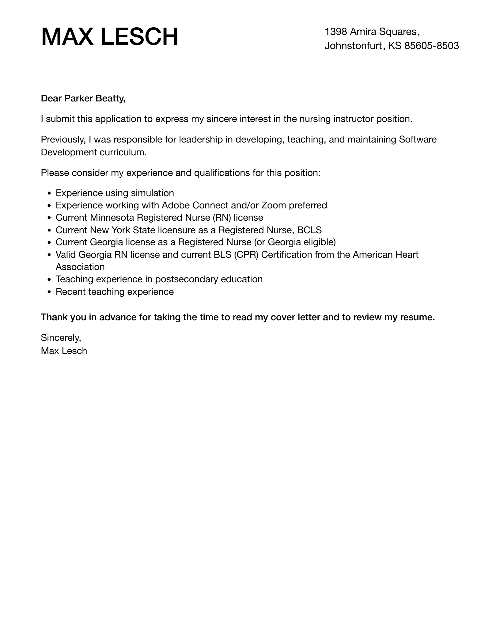 Nursing Instructor Cover Letter Velvet Jobs