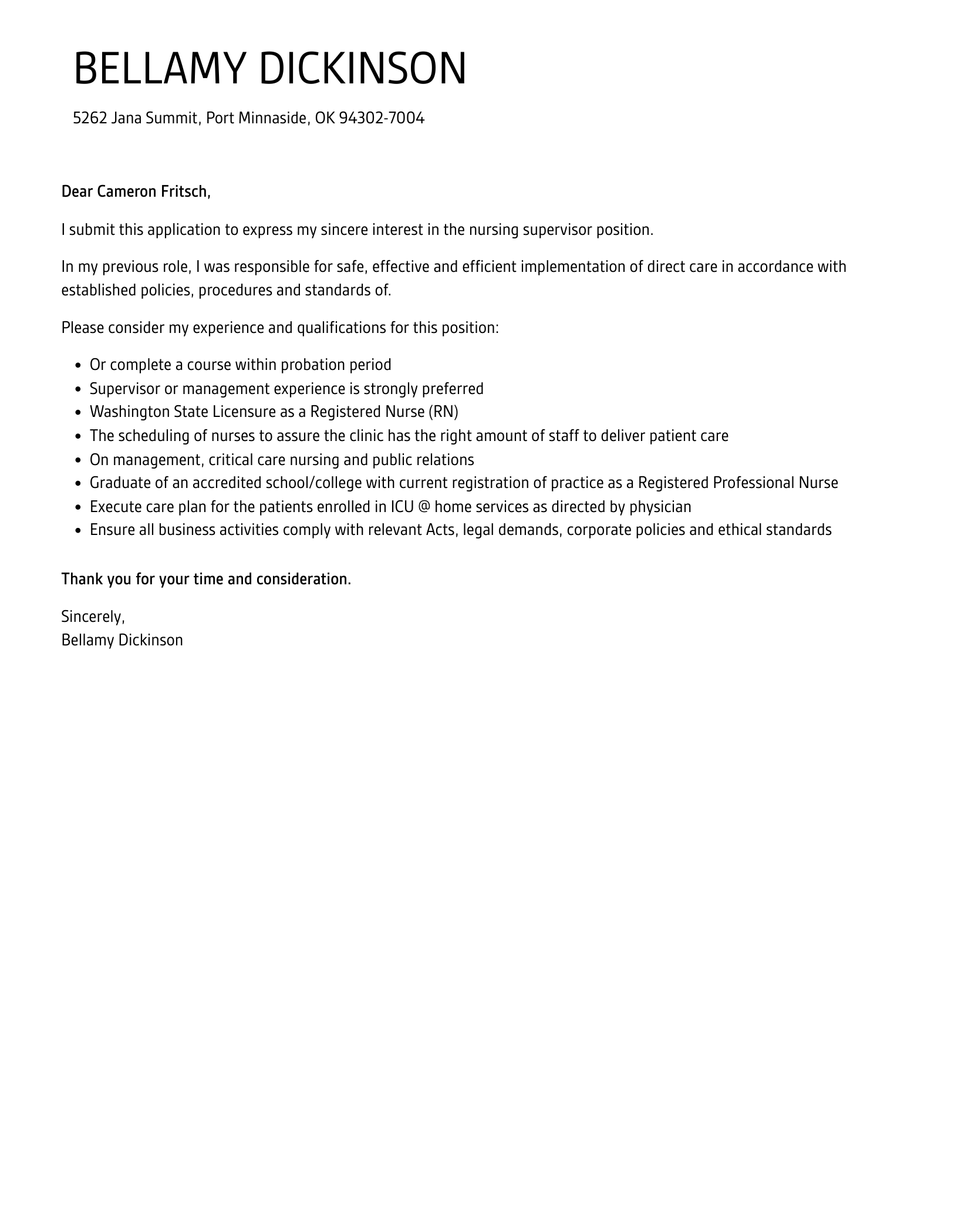 Nursing Supervisor Cover Letter Velvet Jobs