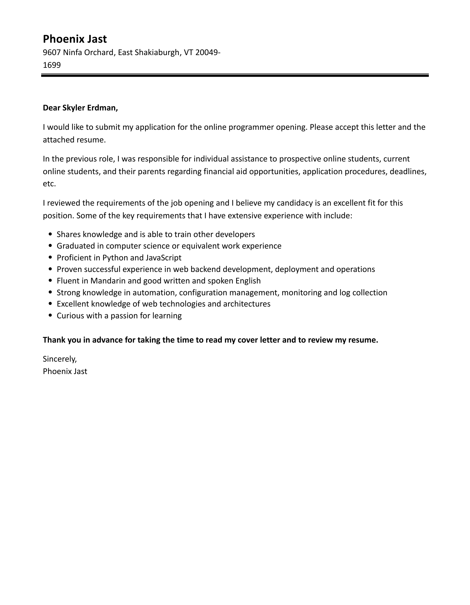 Online Programmer Cover Letter Velvet Jobs