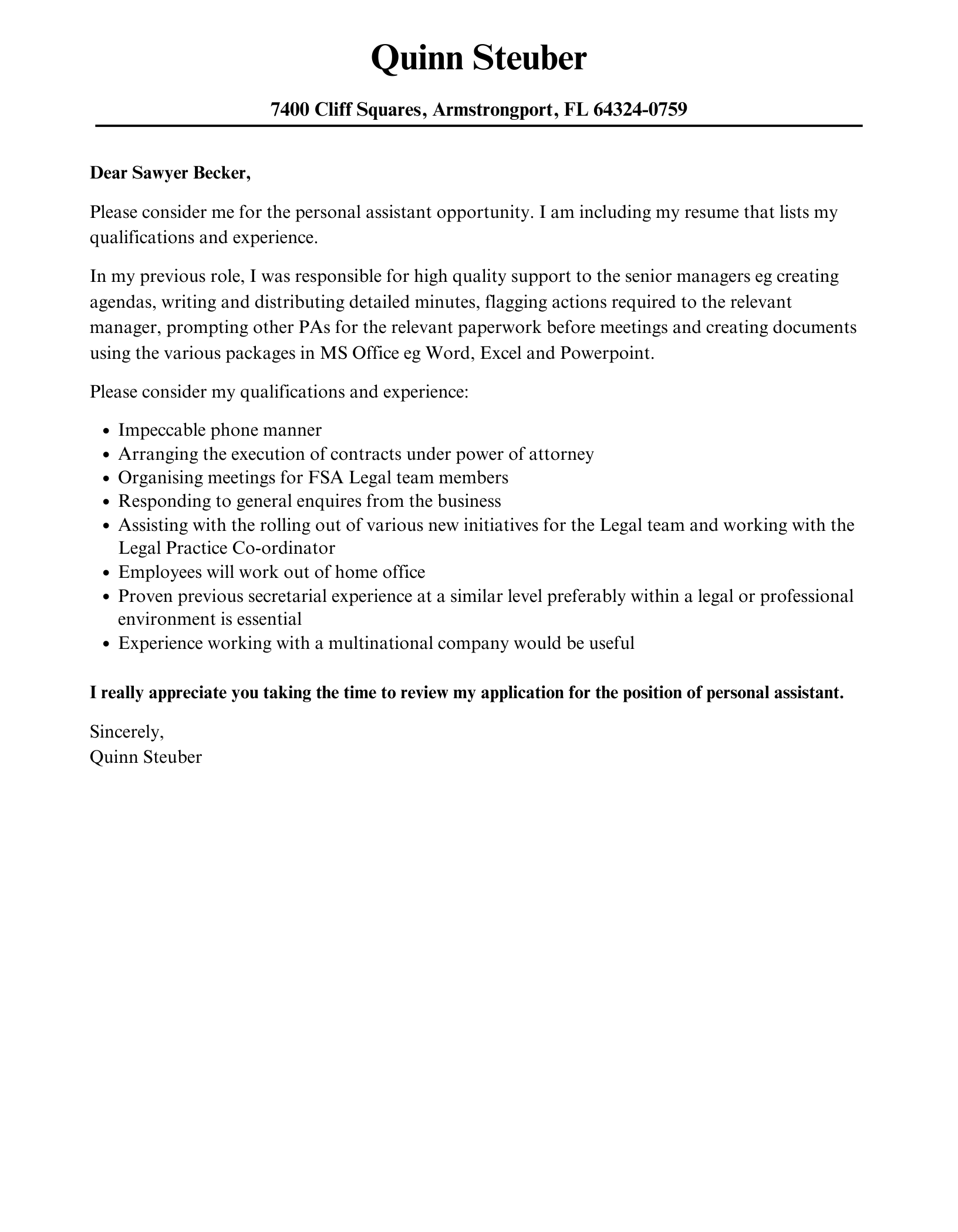 Personal Assistant Cover Letter Velvet Jobs