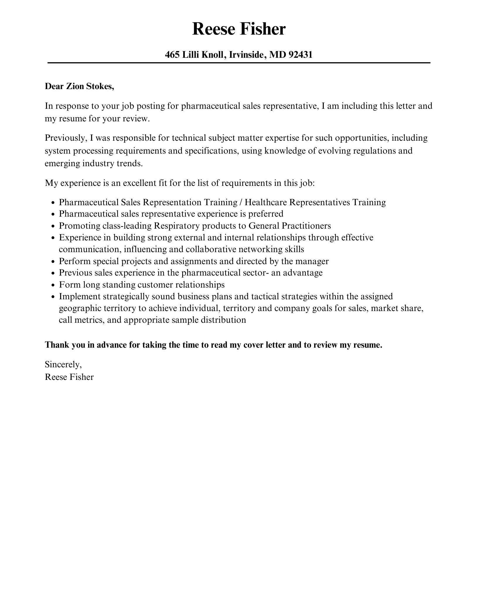 Pharmaceutical Sales Representative Cover Letter Velvet Jobs