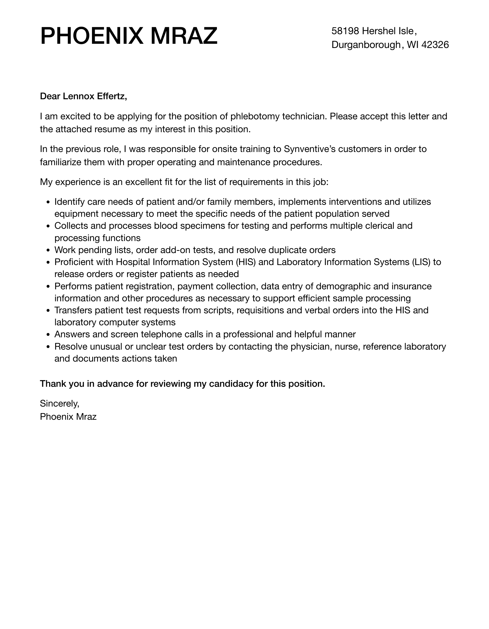 Phlebotomy Technician Cover Letter Velvet Jobs
