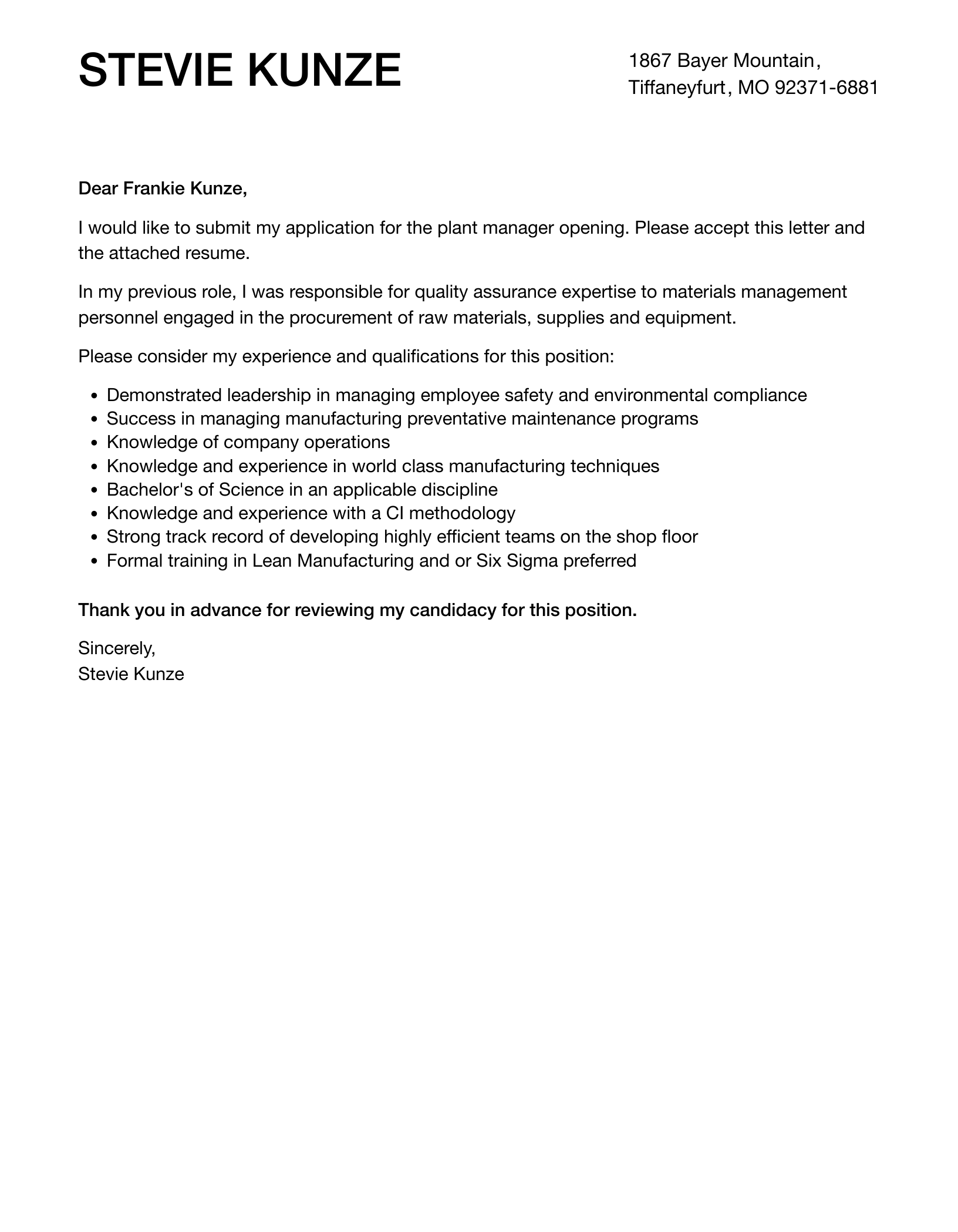 Plant Manager Cover Letter Velvet Jobs