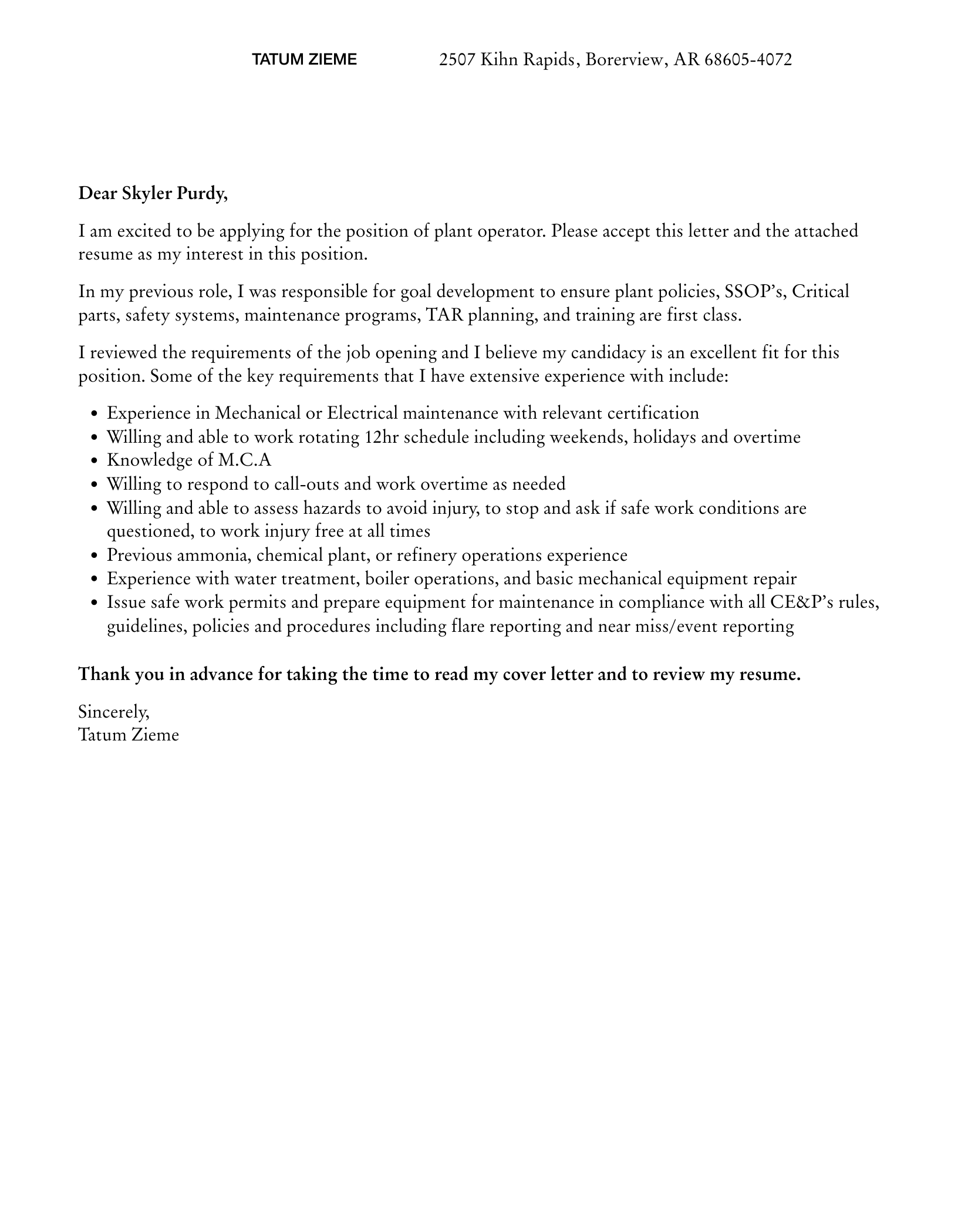 Plant Operator Cover Letter Velvet Jobs