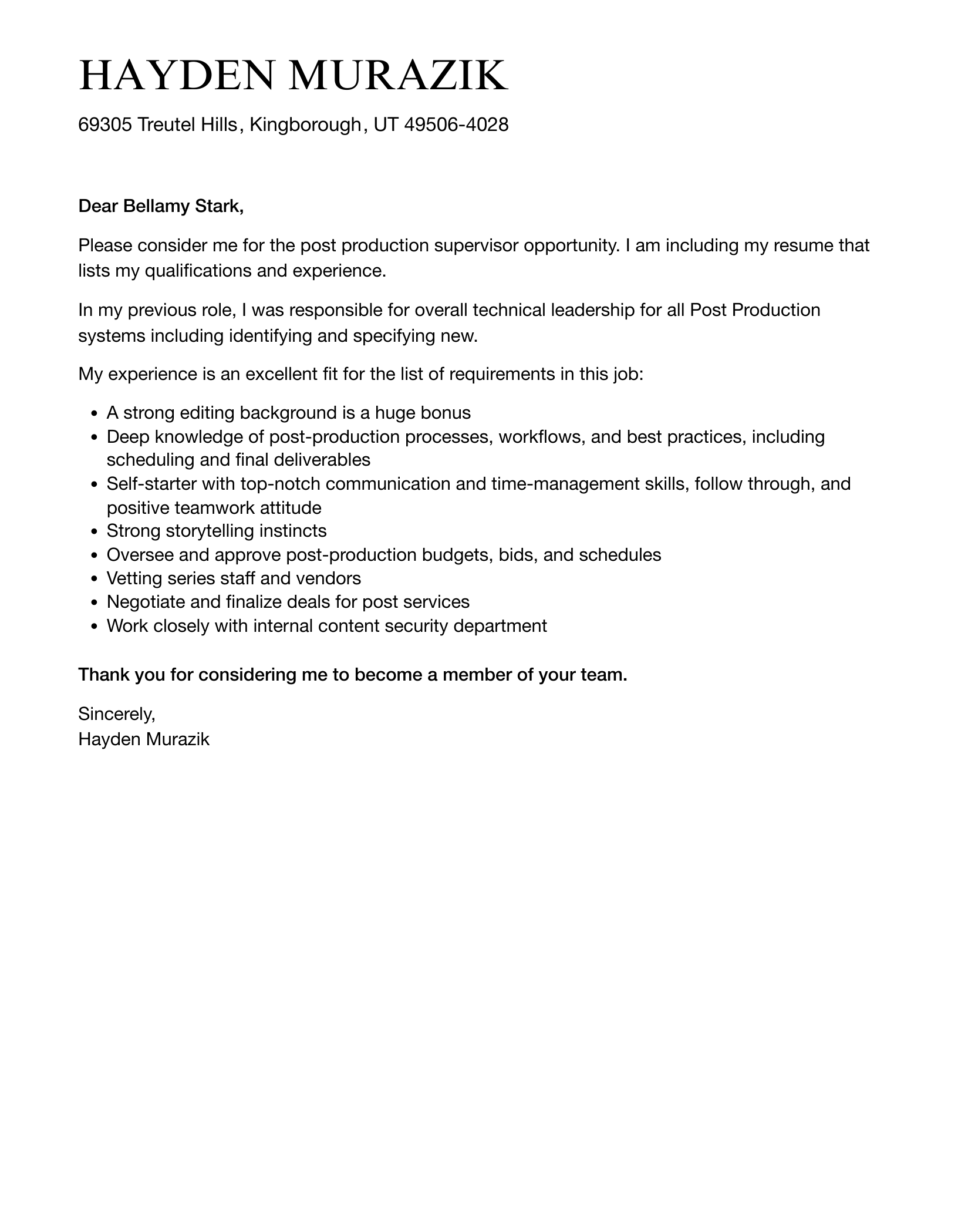 Post Production Supervisor Cover Letter Velvet Jobs
