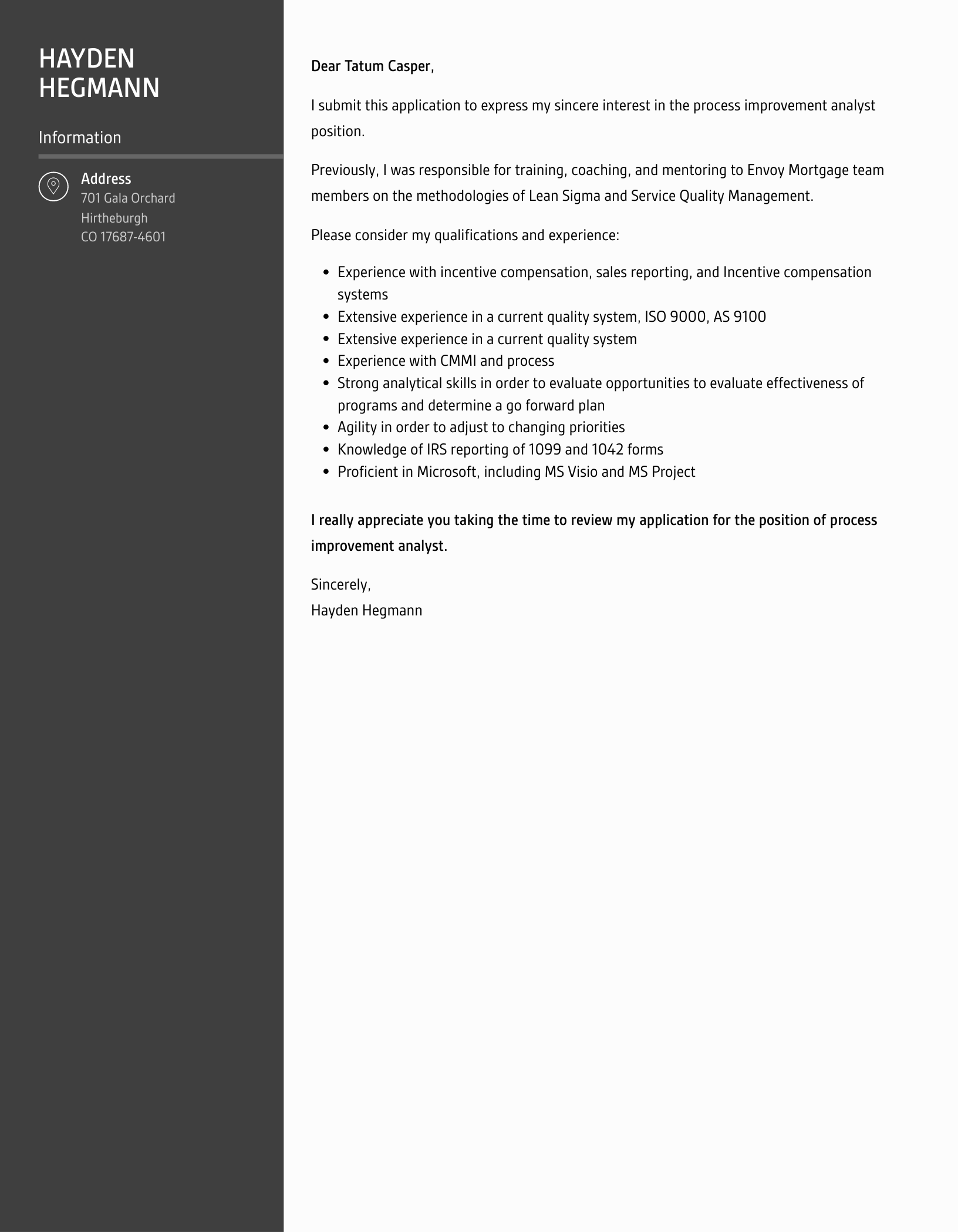 Process Improvement Analyst Cover Letter Velvet Jobs