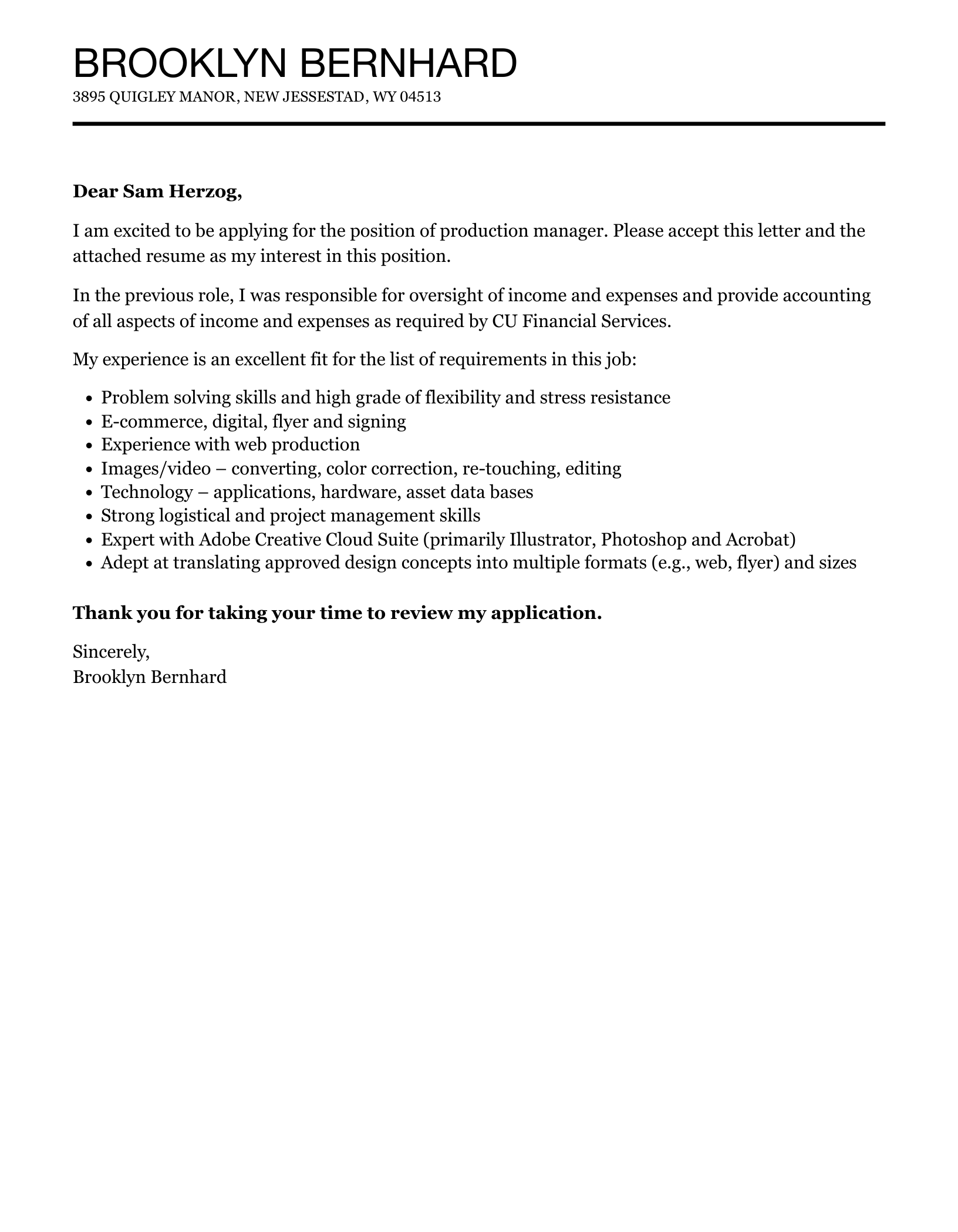 Production Manager Cover Letter Velvet Jobs