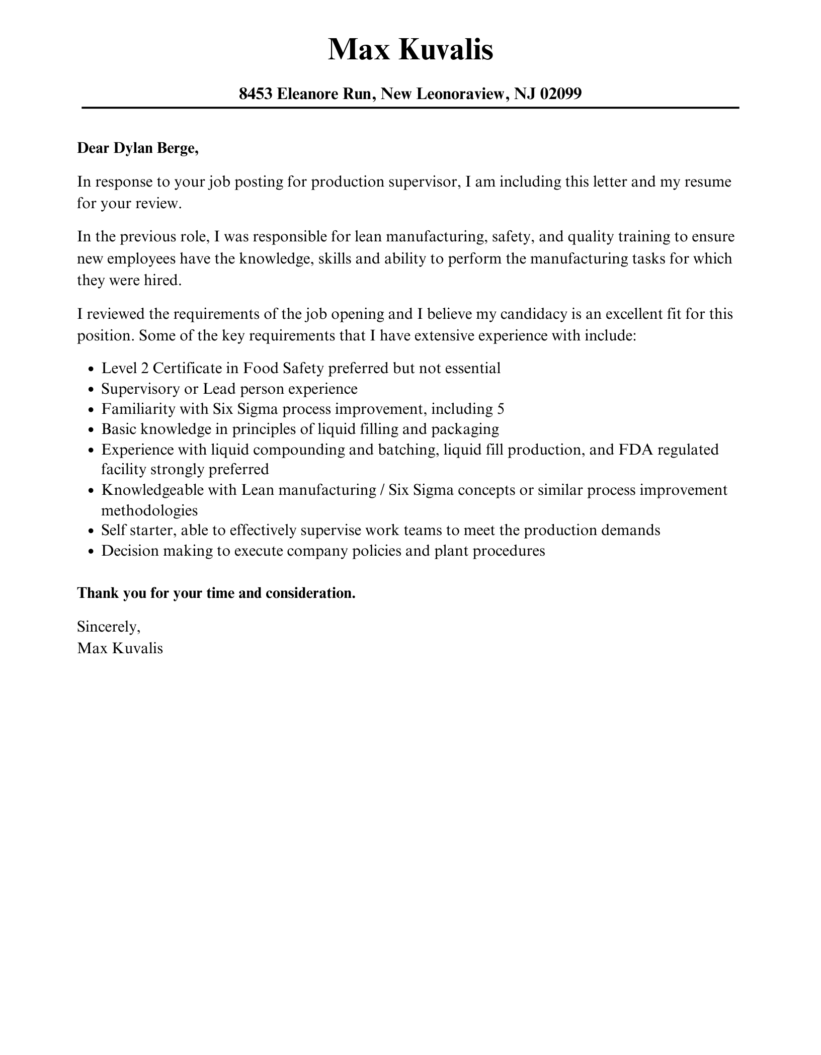 Production Supervisor Cover Letter Velvet Jobs
