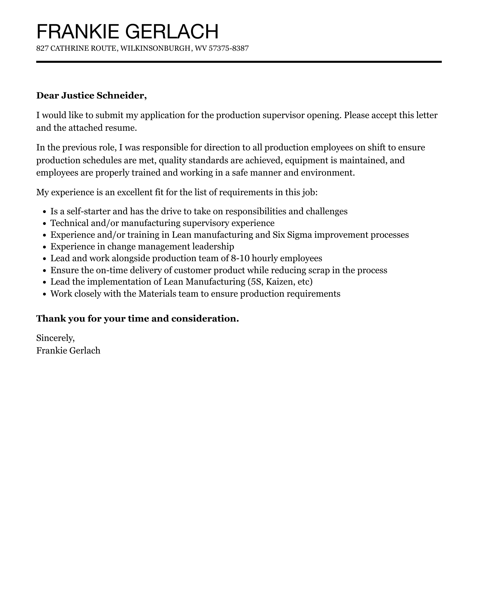 Production Supervisor Cover Letter Velvet Jobs