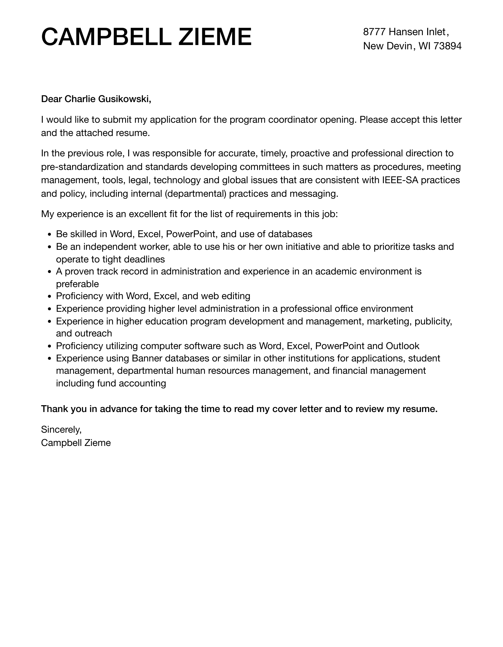 Program Coordinator Cover Letter Velvet Jobs