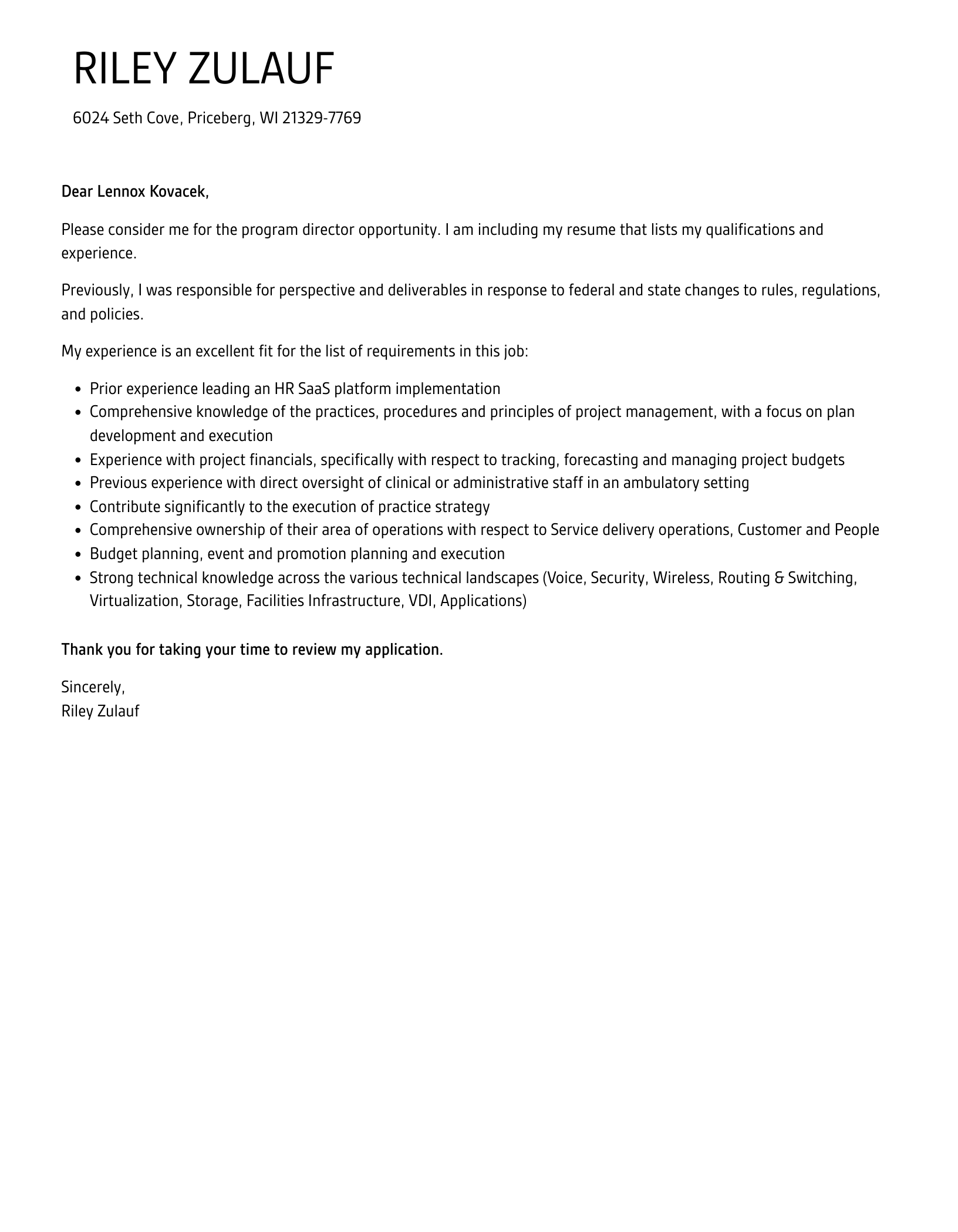 Program Director Cover Letter Velvet Jobs
