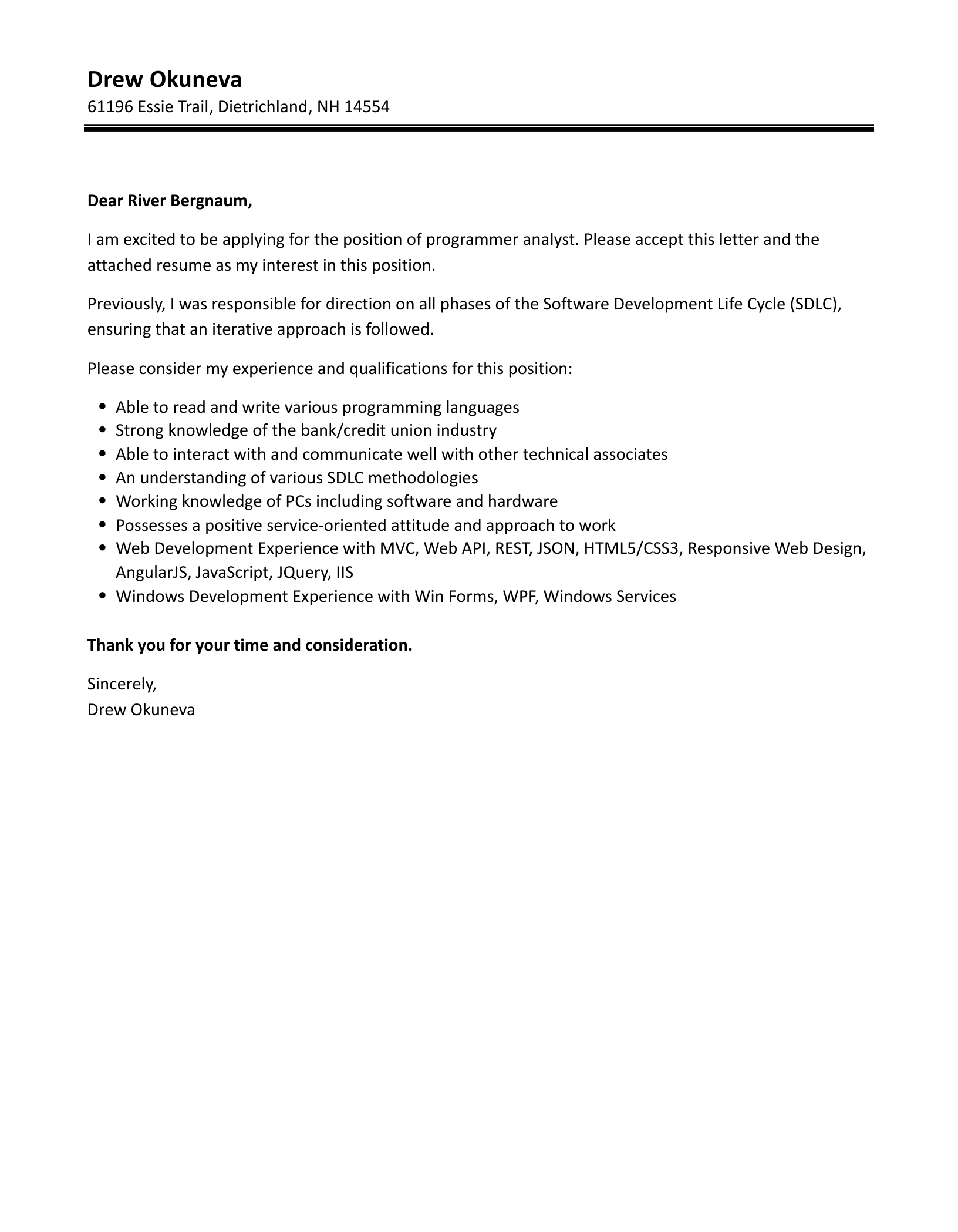 Programmer Analyst Cover Letter Velvet Jobs
