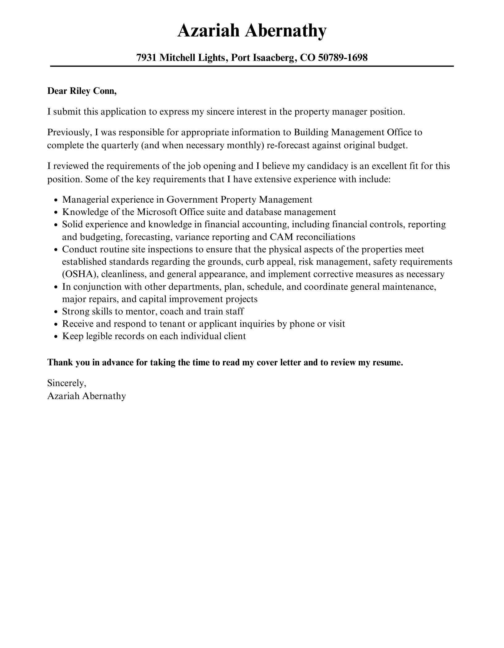 Property Manager Cover Letter Velvet Jobs