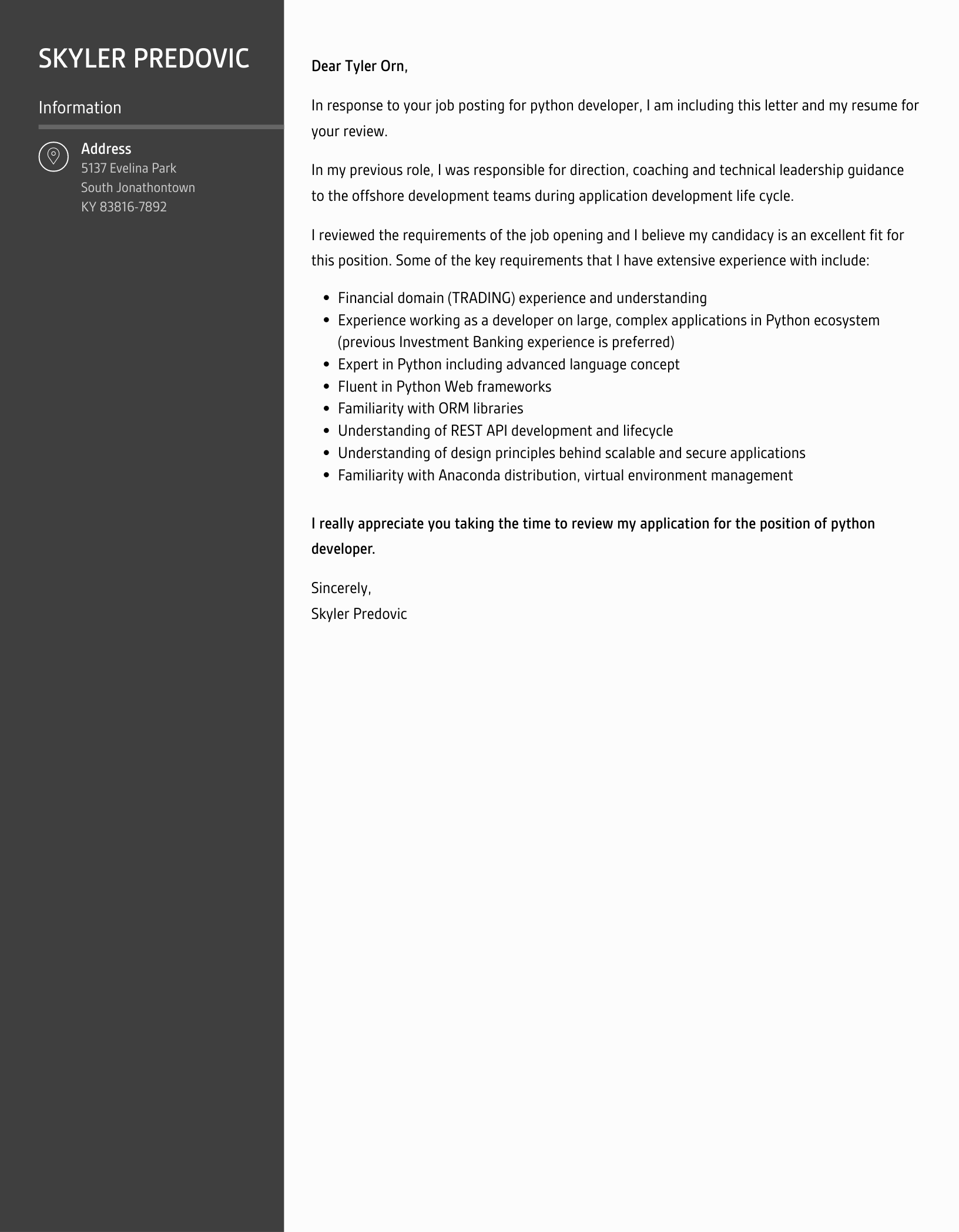 Python Developer Cover Letter Velvet Jobs