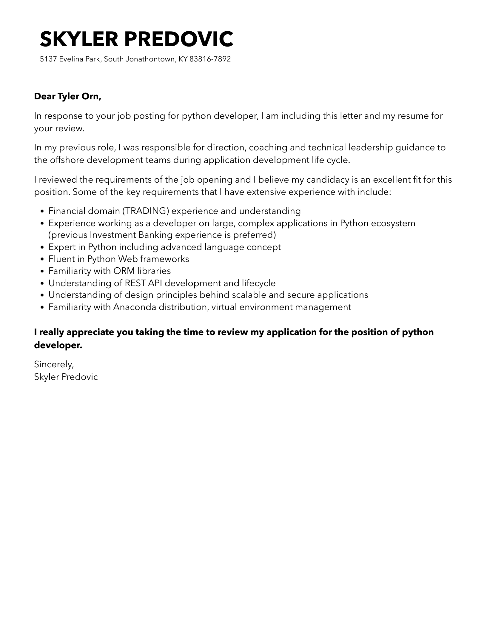 Python Developer Cover Letter Velvet Jobs