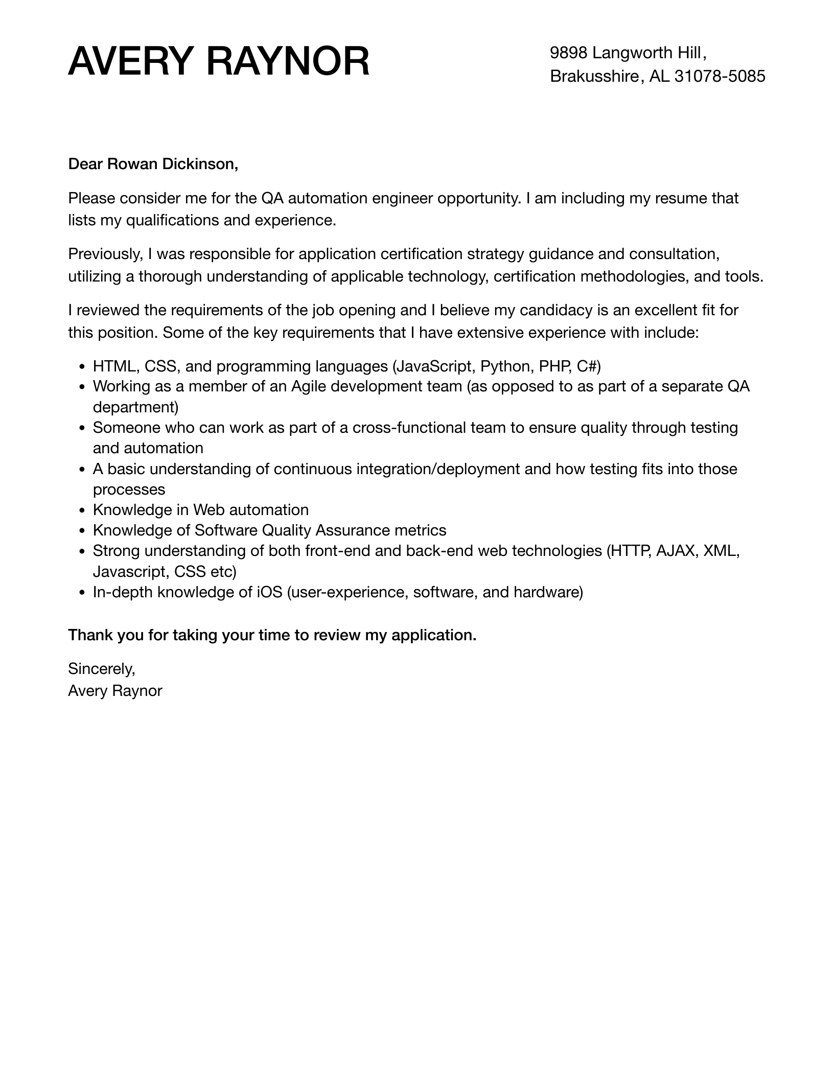 QA Automation Engineer Cover Letter Velvet Jobs