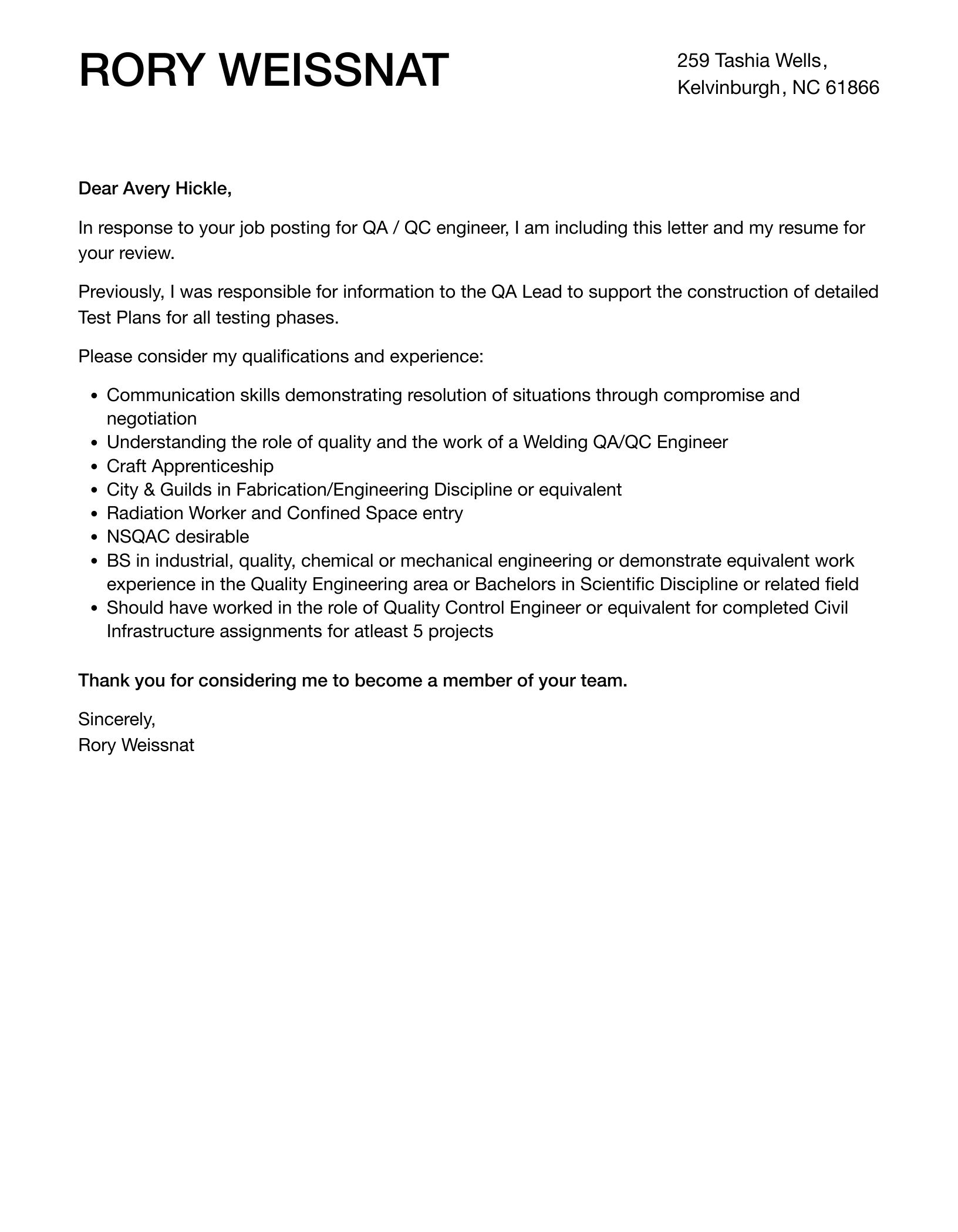 Mechanical Engineer Qa Cover Letter