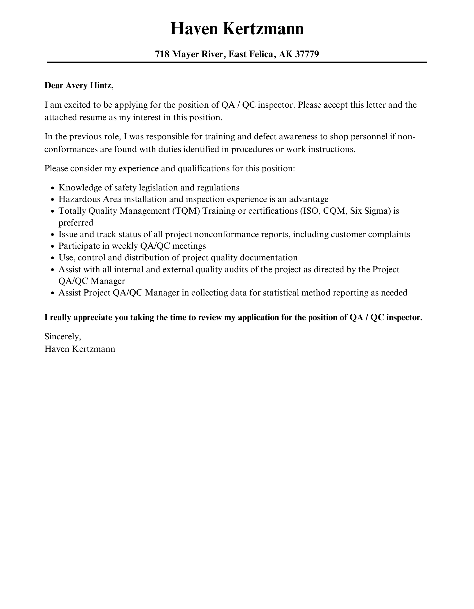 QA QC Inspector Cover Letter Velvet Jobs
