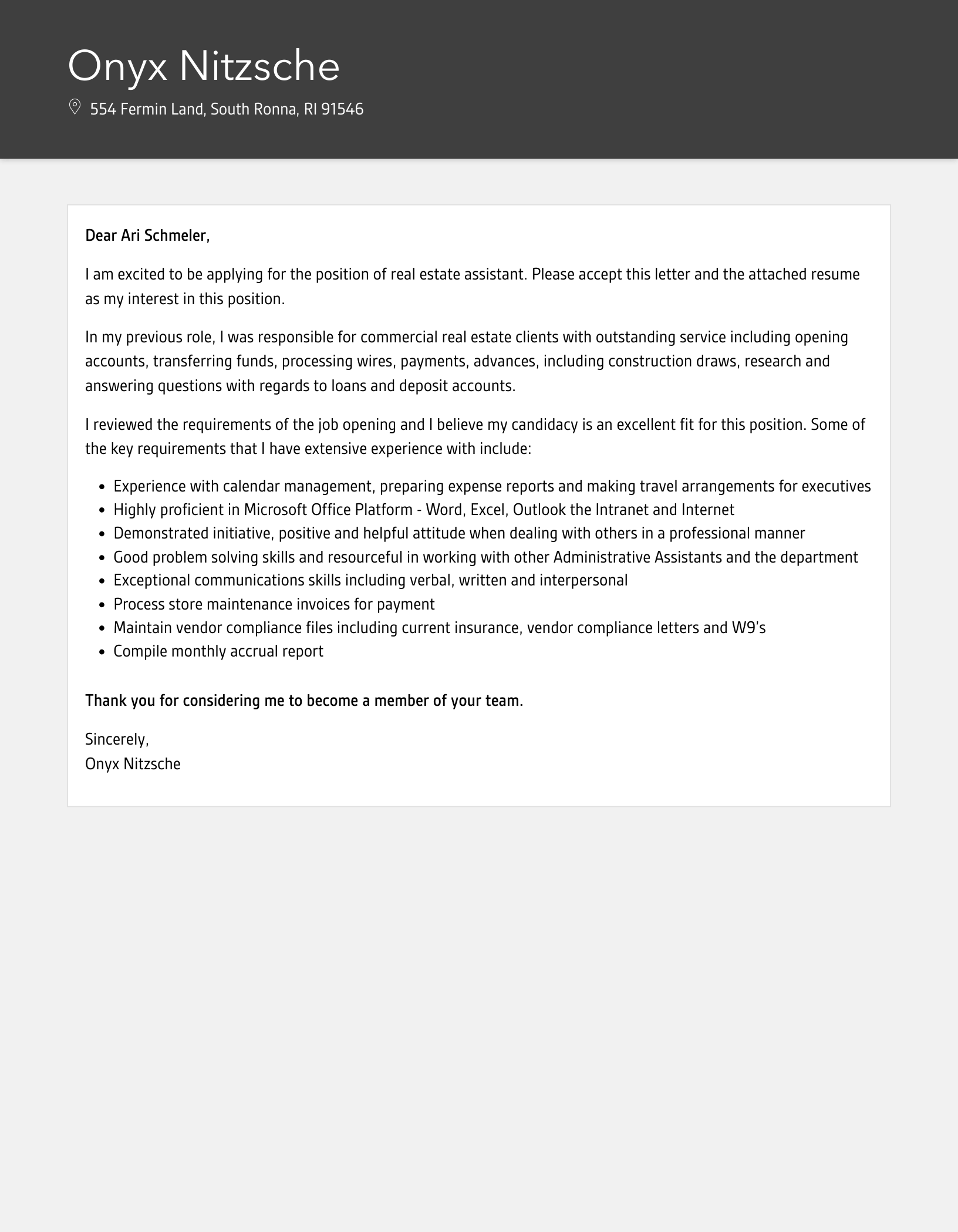 Real Estate Assistant Cover Letter Velvet Jobs