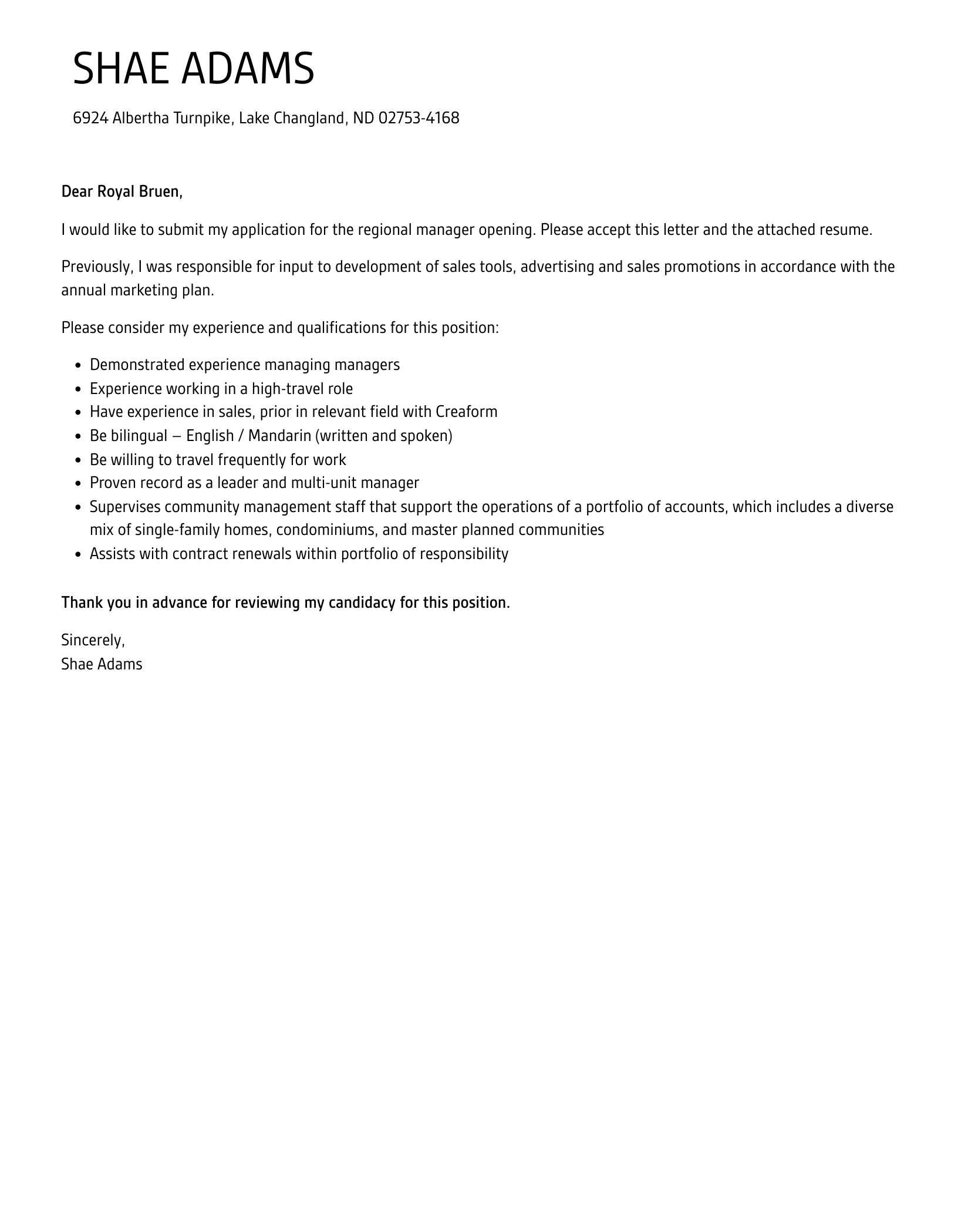 Regional Manager Cover Letter Velvet Jobs