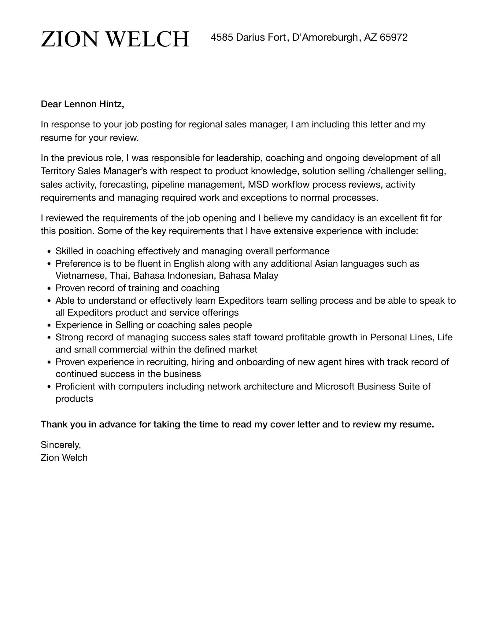 Regional Sales Manager Cover Letter Velvet Jobs