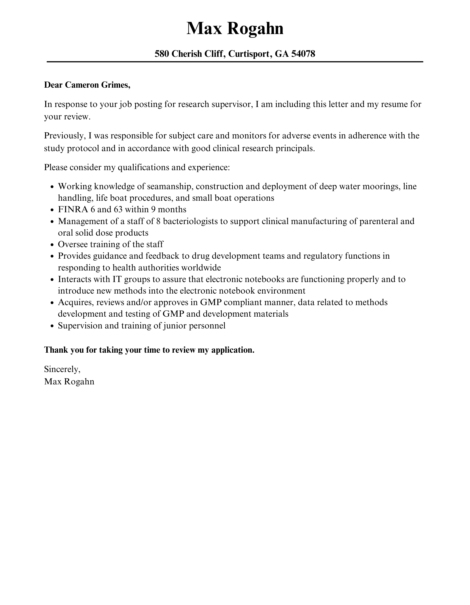 Research Supervisor Cover Letter Velvet Jobs