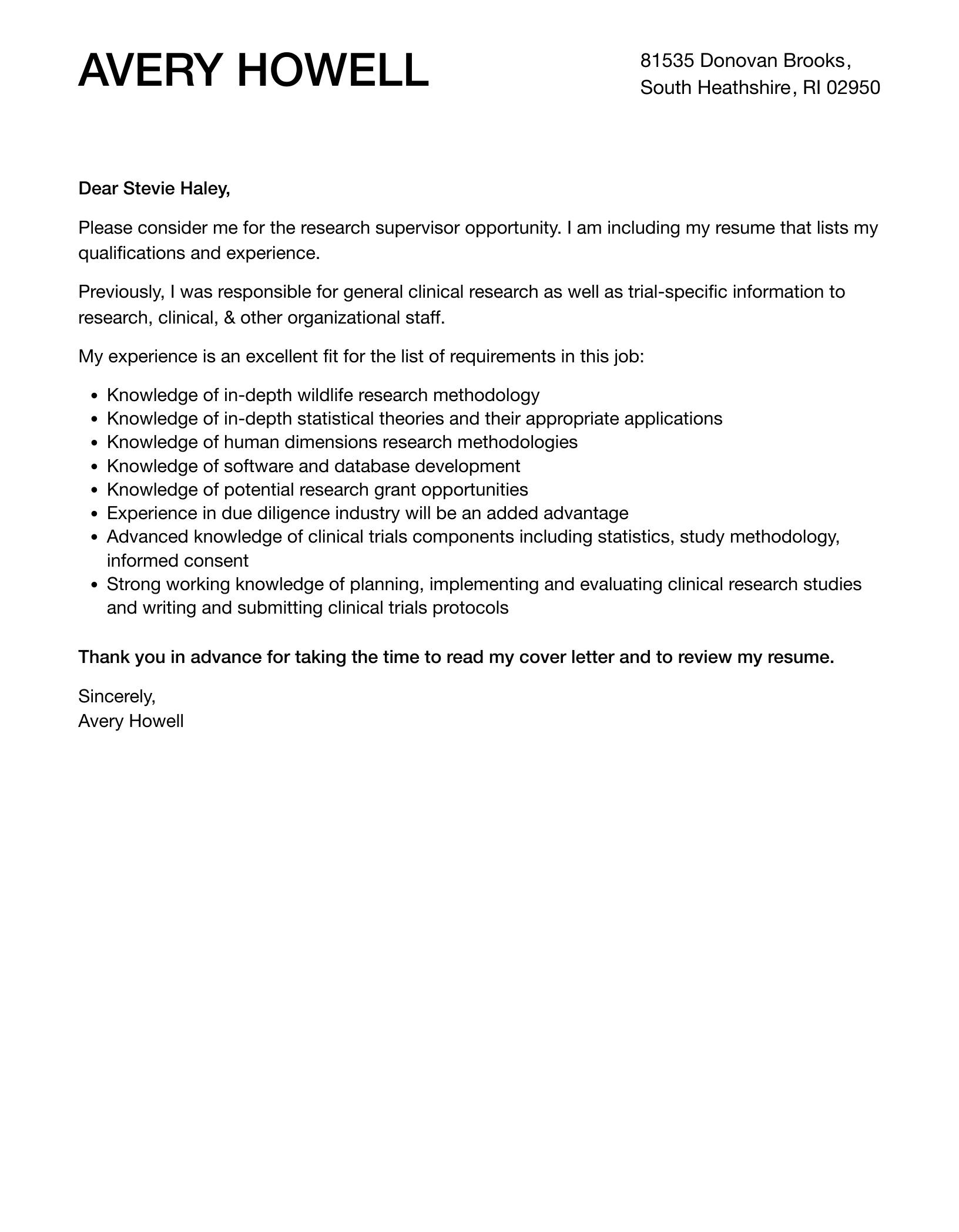 Research Supervisor Cover Letter Velvet Jobs