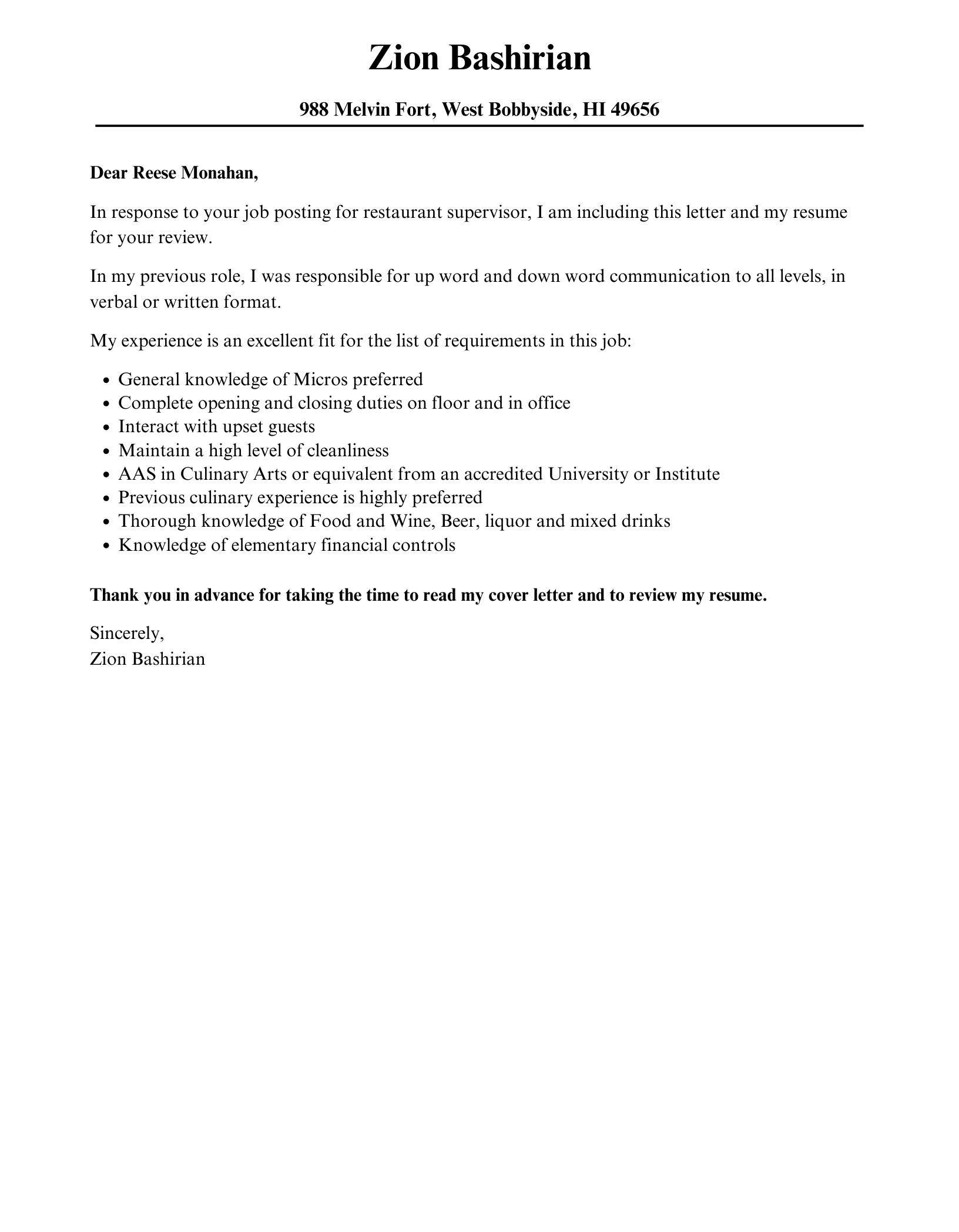 Restaurant Supervisor Cover Letter Velvet Jobs