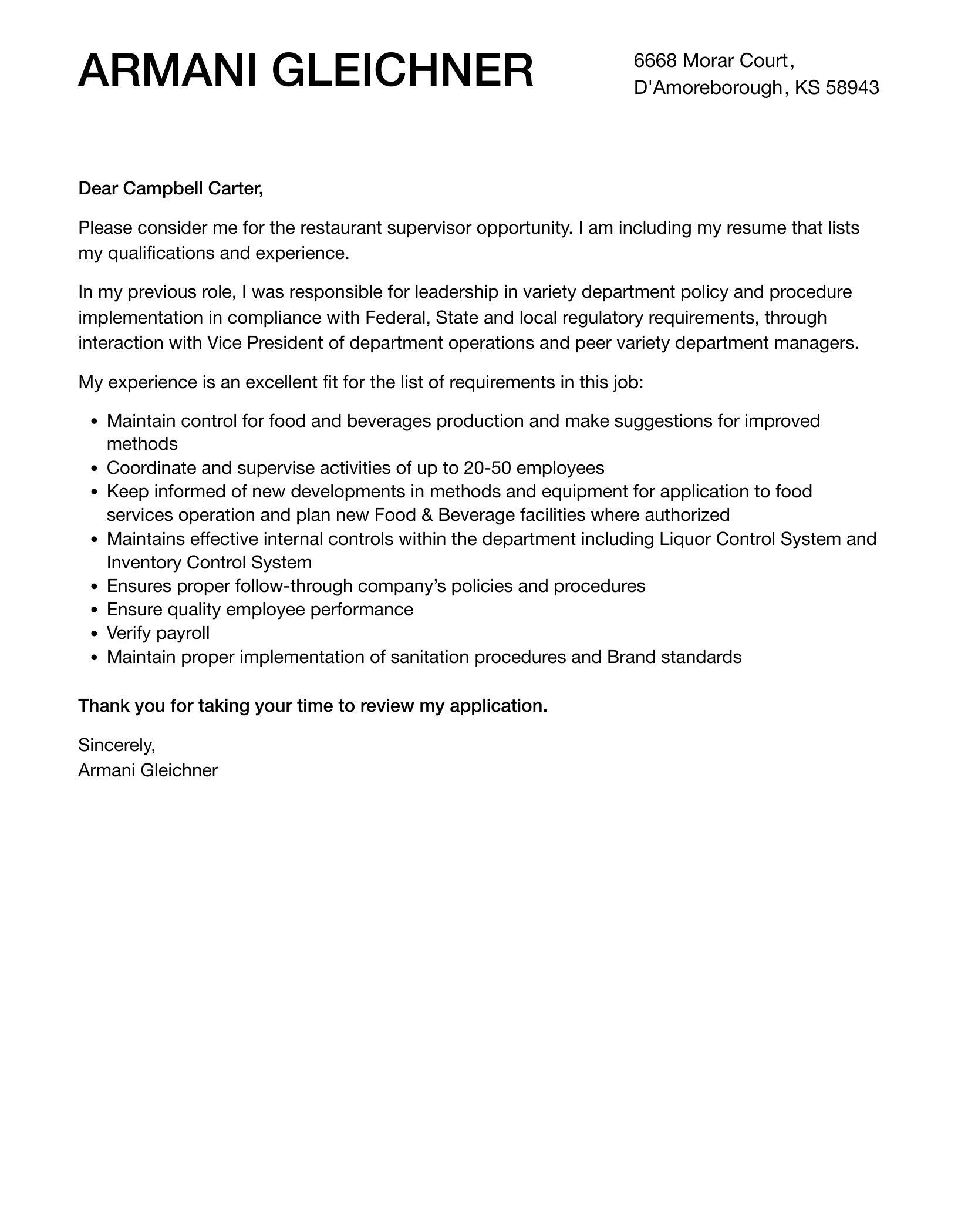 Restaurant Supervisor Cover Letter Velvet Jobs