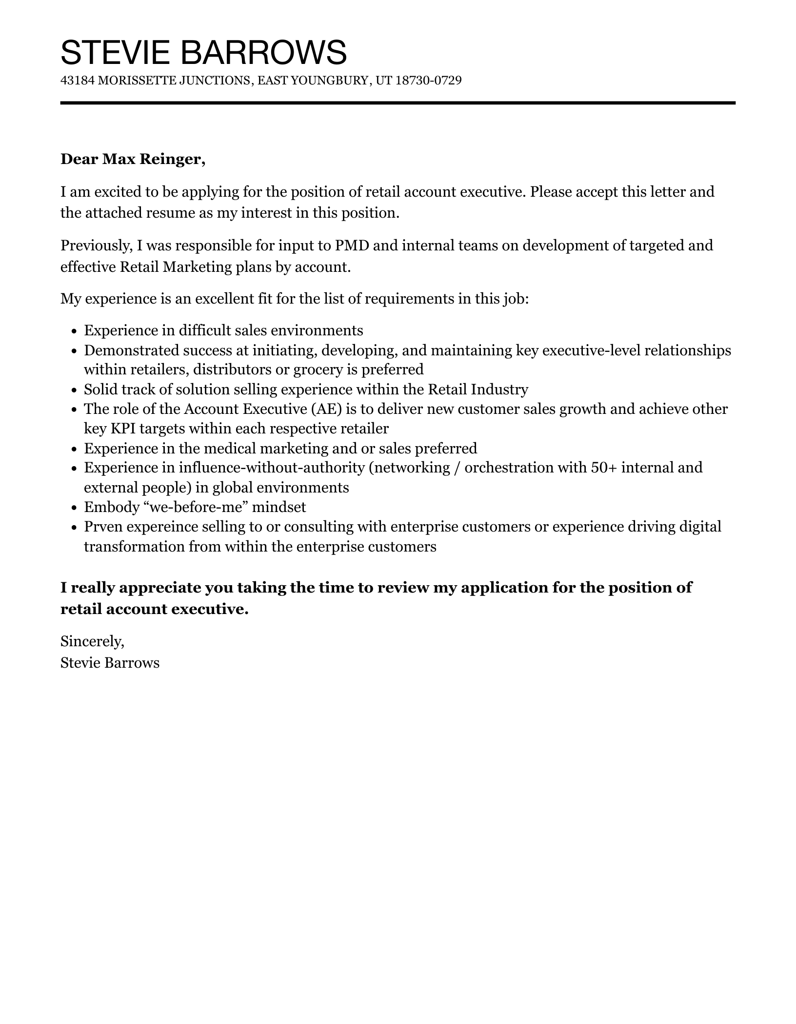 Retail Account Executive Cover Letter Velvet Jobs