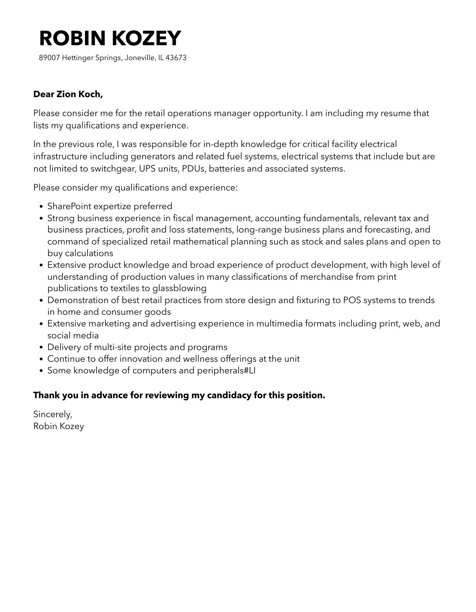 Retail Operations Manager Cover Letter Velvet Jobs