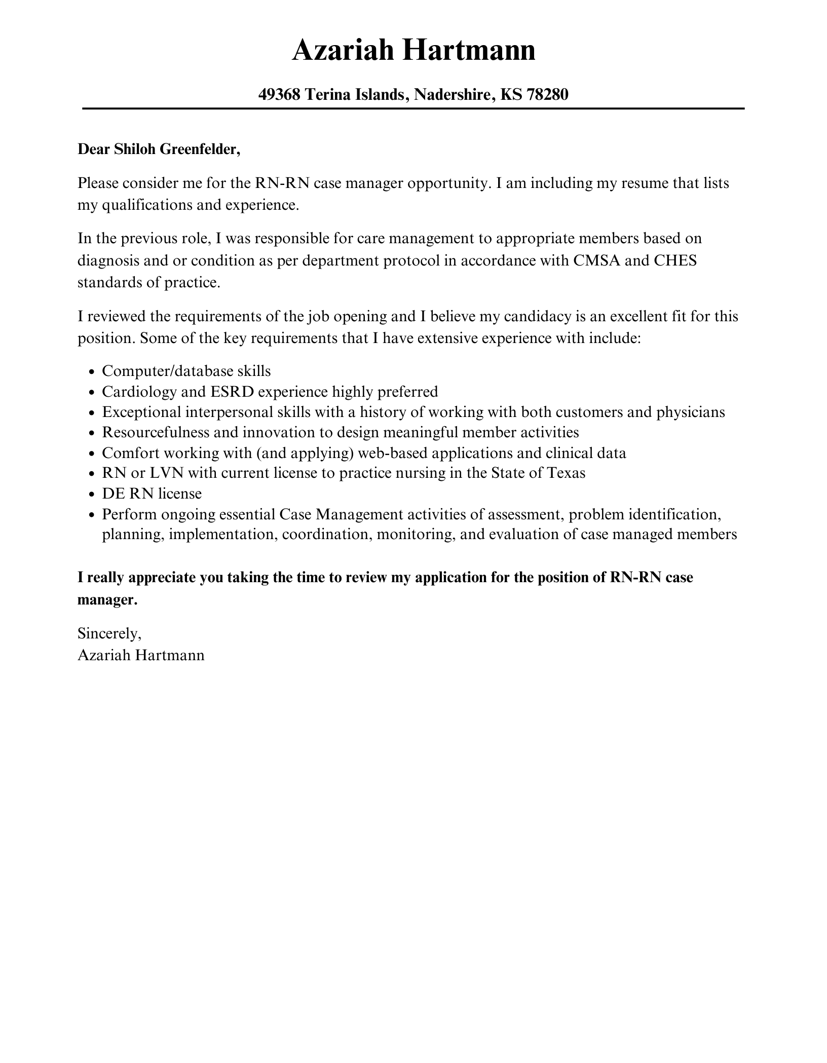 RN RN Case Manager Cover Letter Velvet Jobs
