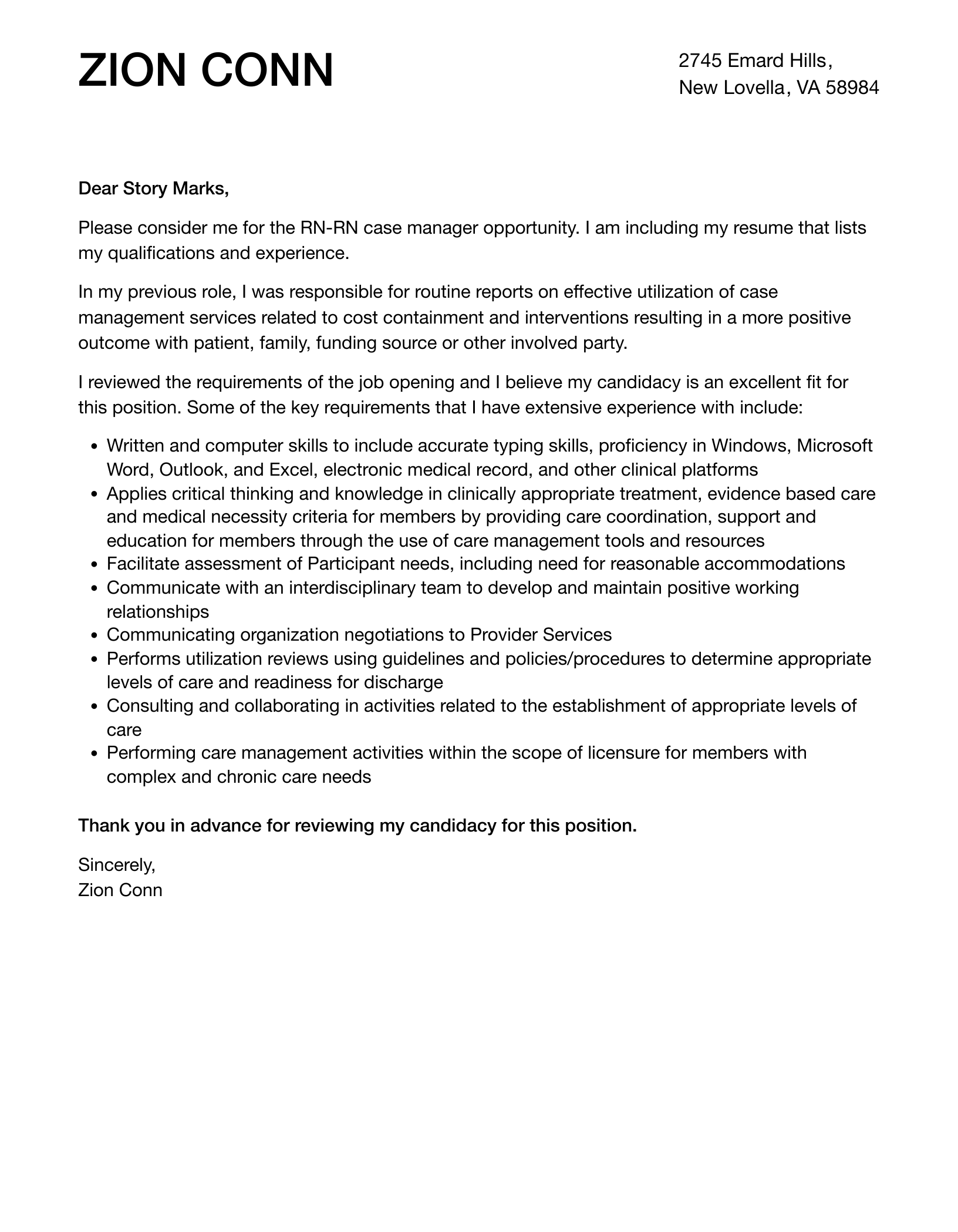 RN RN Case Manager Cover Letter Velvet Jobs