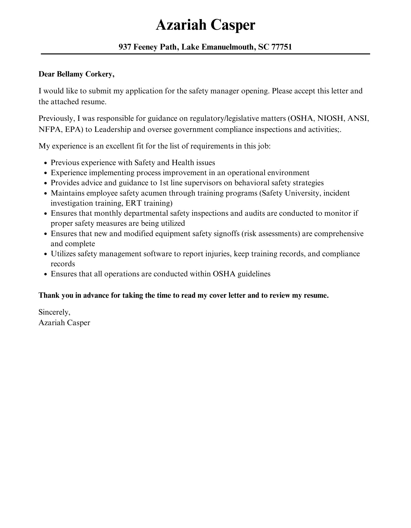 Safety Manager Cover Letter Velvet Jobs
