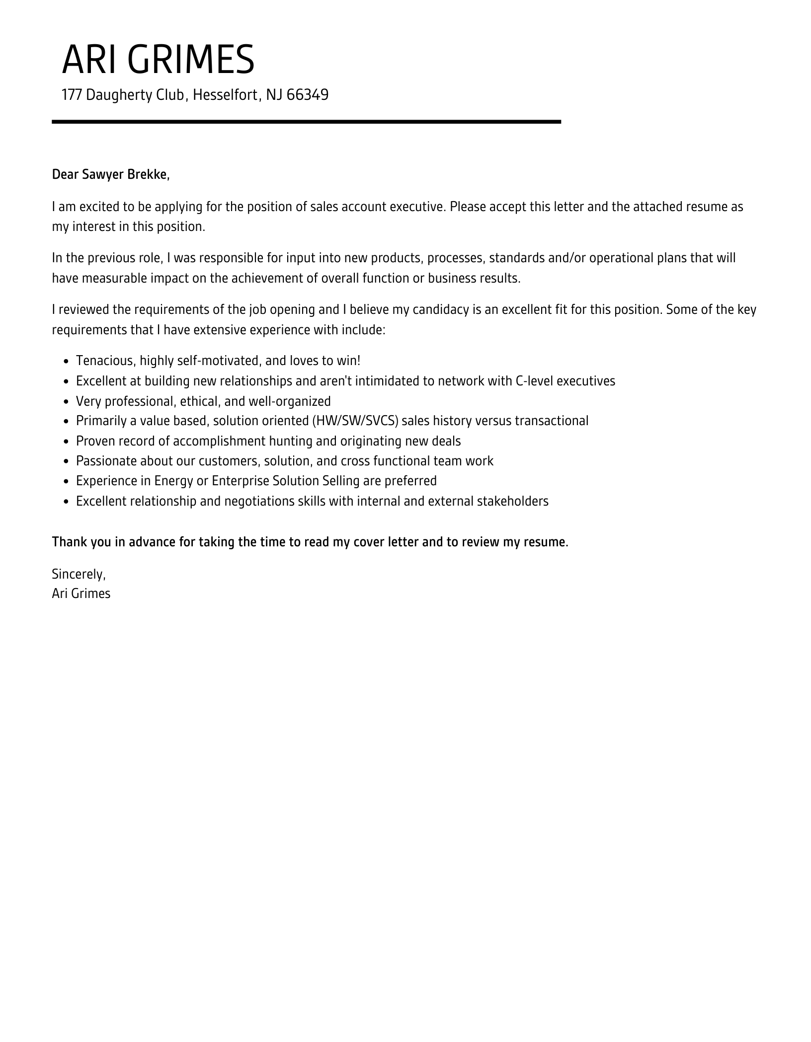 Sales Account Executive Cover Letter Velvet Jobs