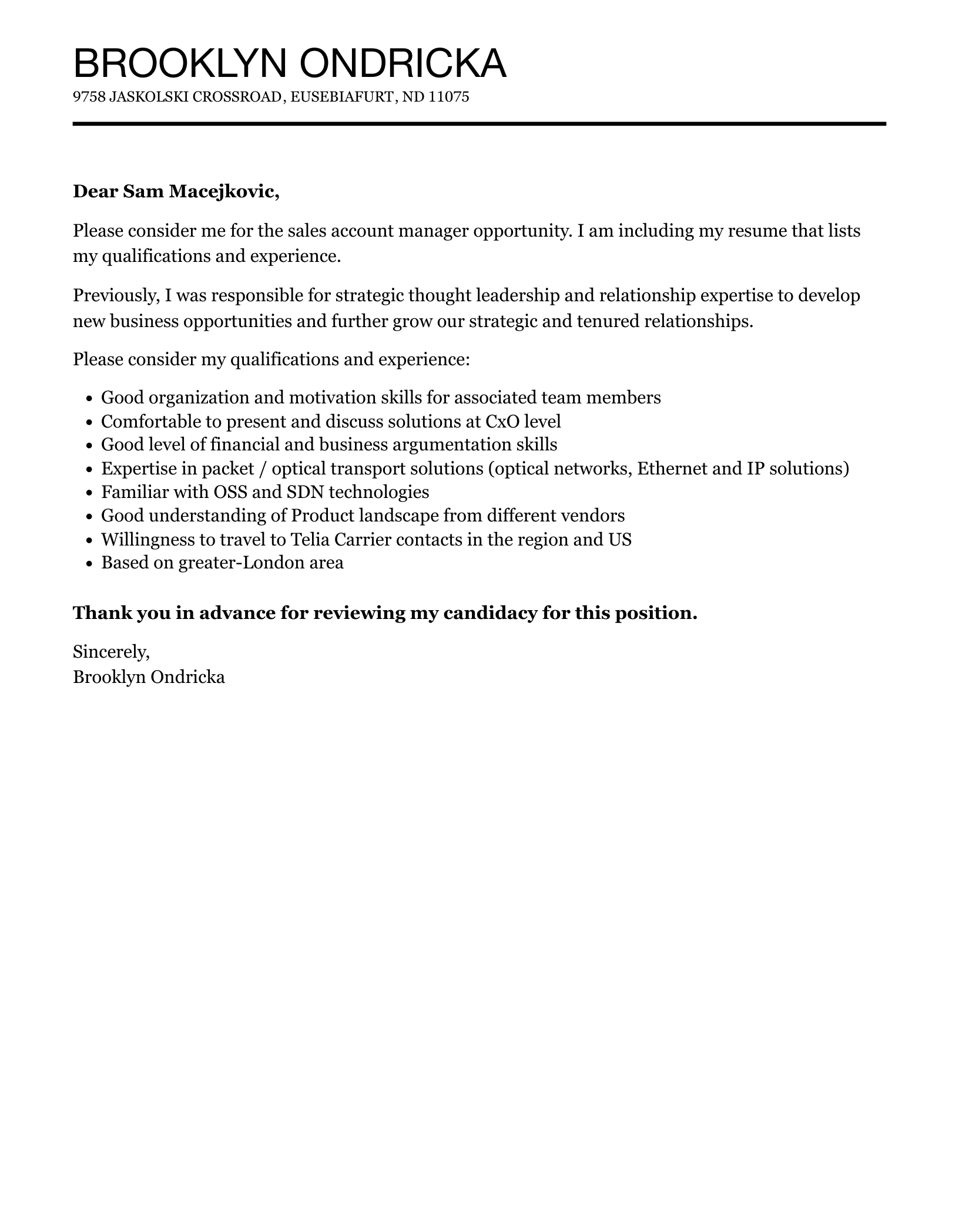 Sales Account Manager Cover Letter Velvet Jobs