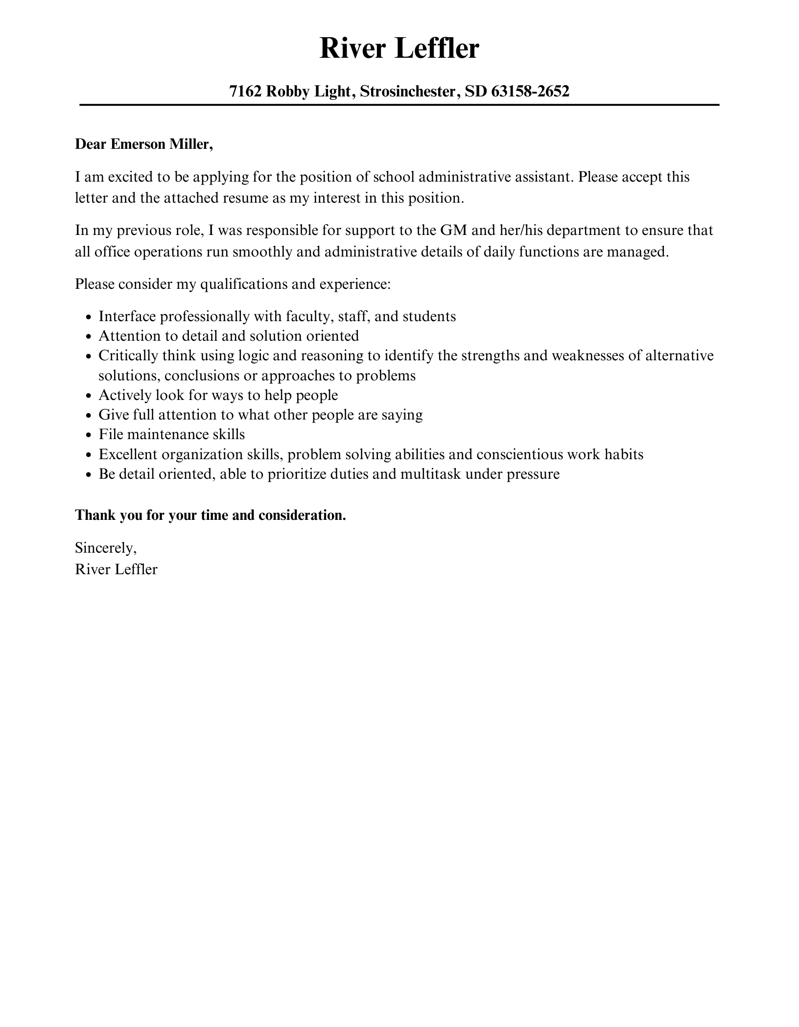 School Administrative Assistant Cover Letter Velvet Jobs