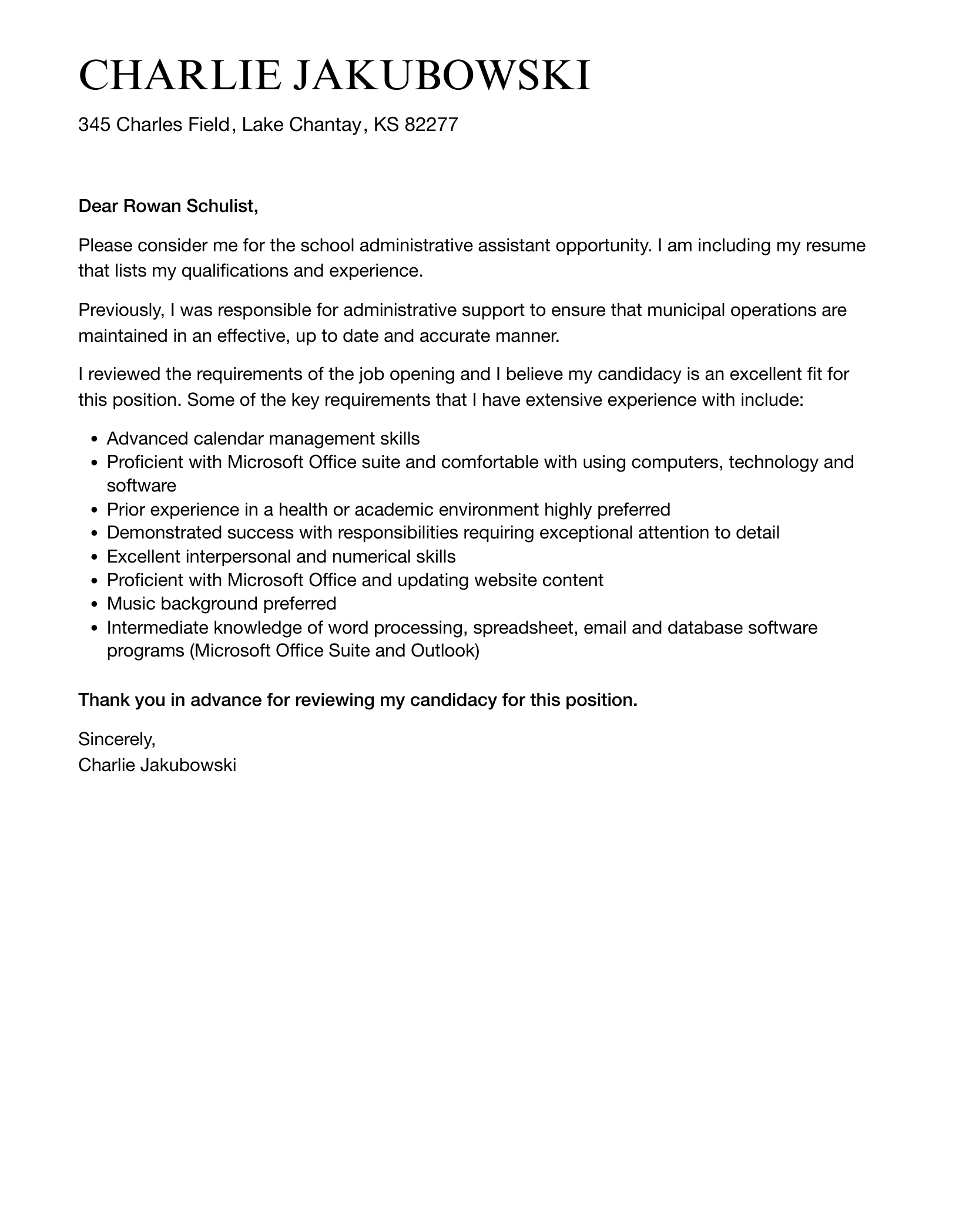 School Administrative Assistant Cover Letter Velvet Jobs