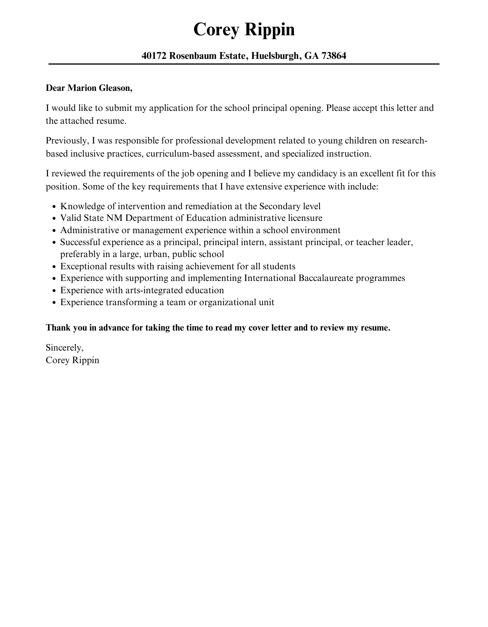 School Principal Cover Letter Velvet Jobs