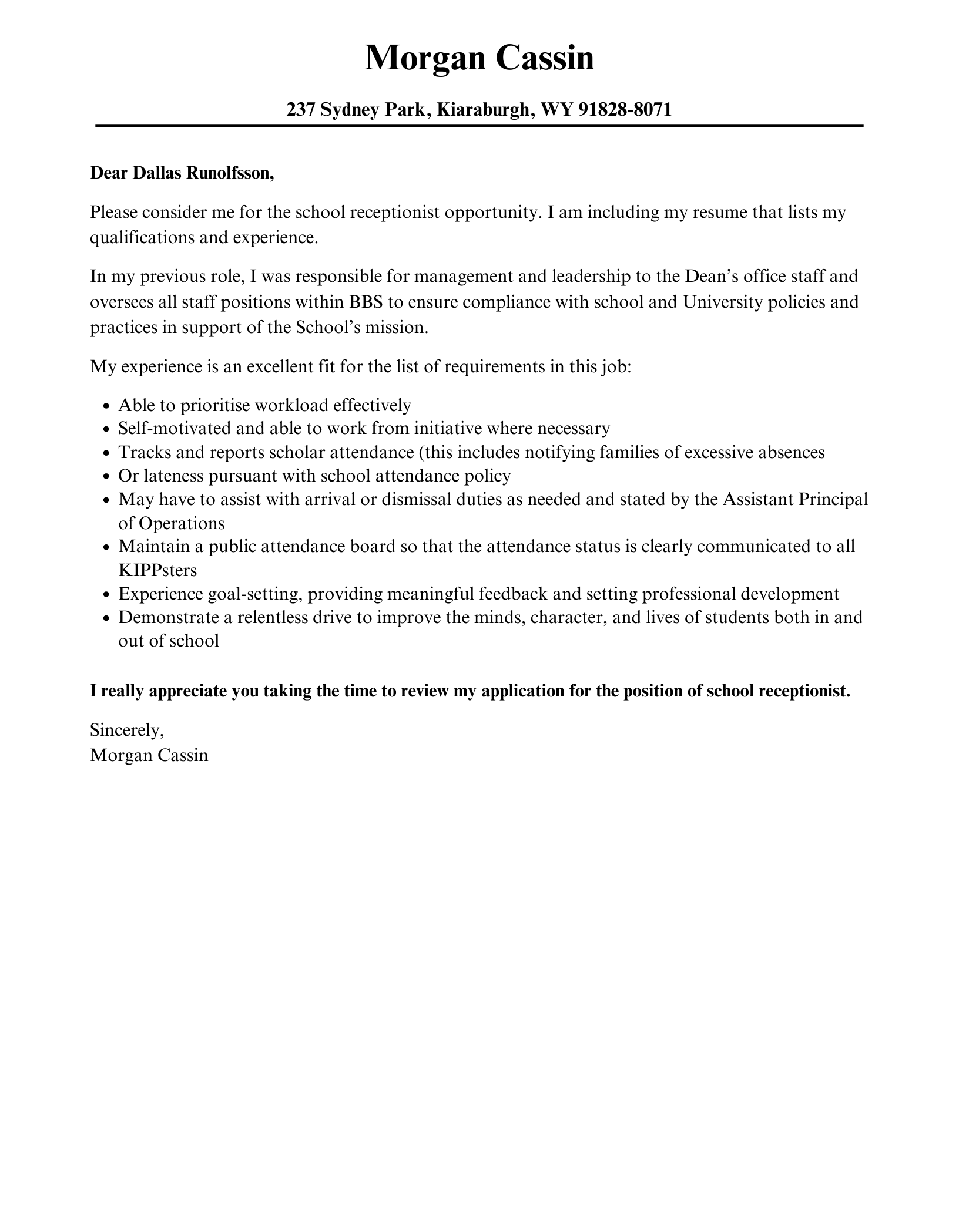 School Receptionist Cover Letter Velvet Jobs