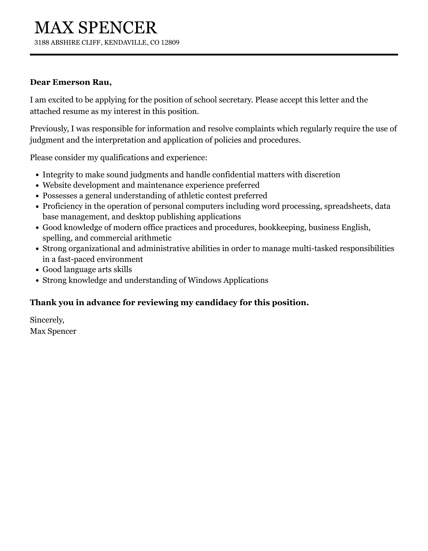 School Secretary Cover Letter Velvet Jobs